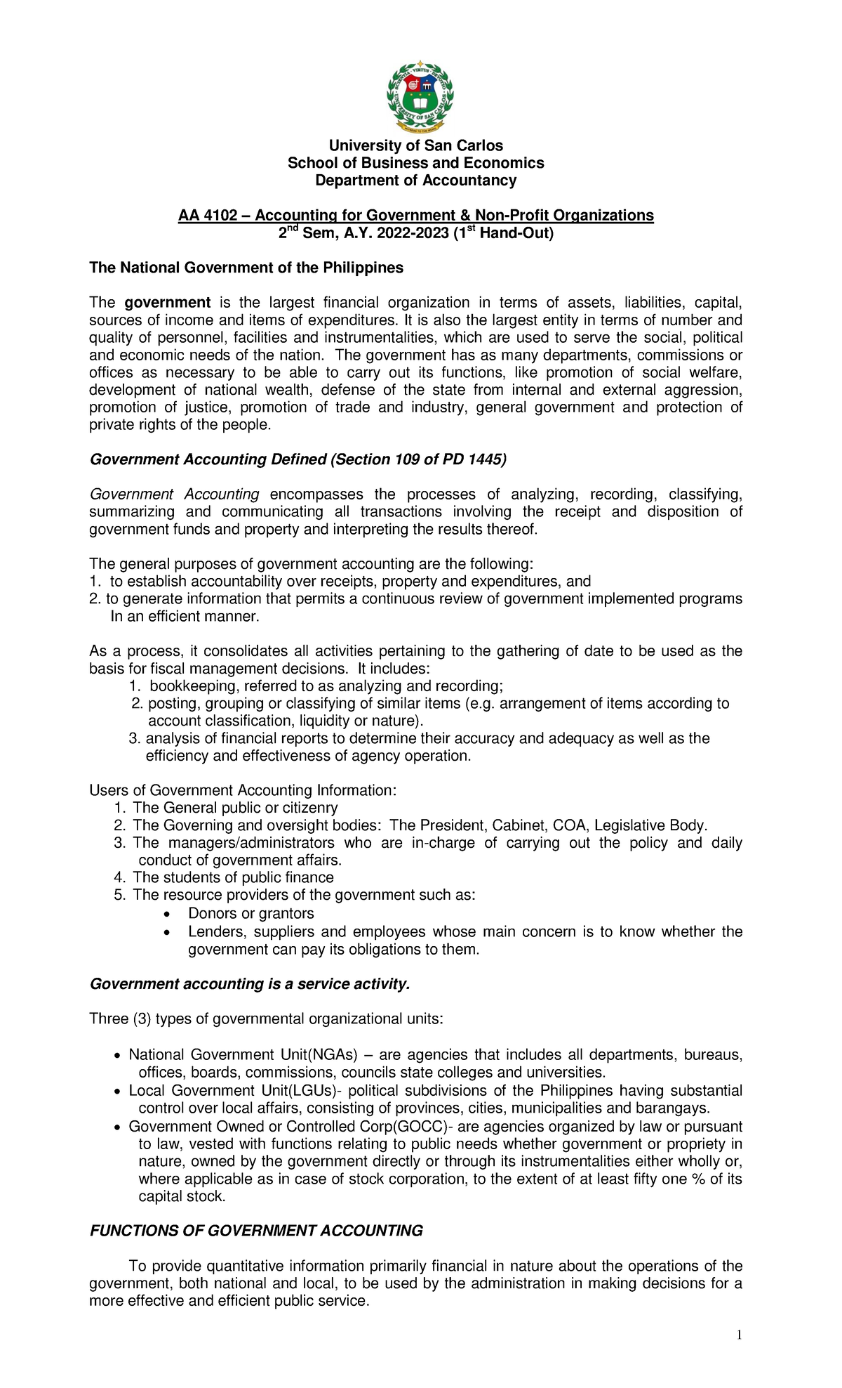 Government Accounting Handouts Compiled - University of San Carlos ...