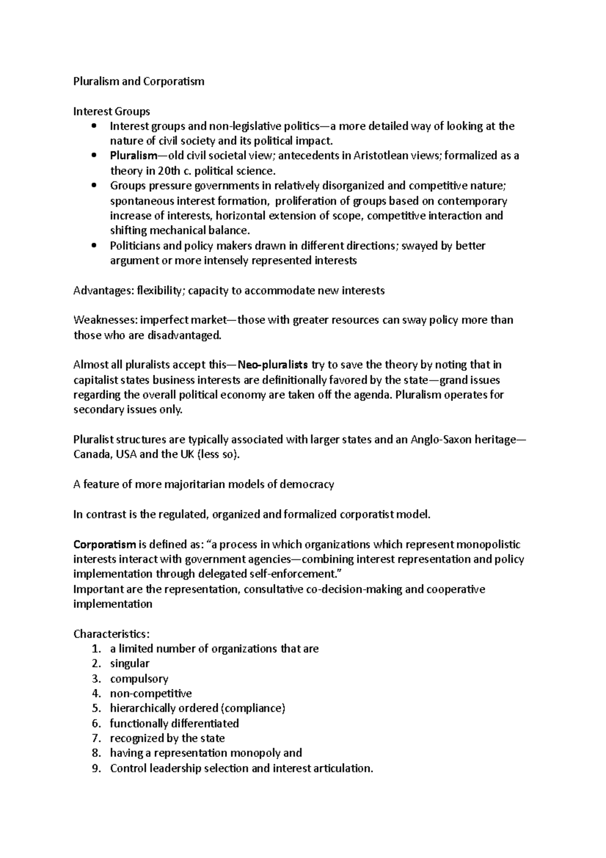 Pluralism and Corporatism - Pluralism and Corporatism Interest Groups ...