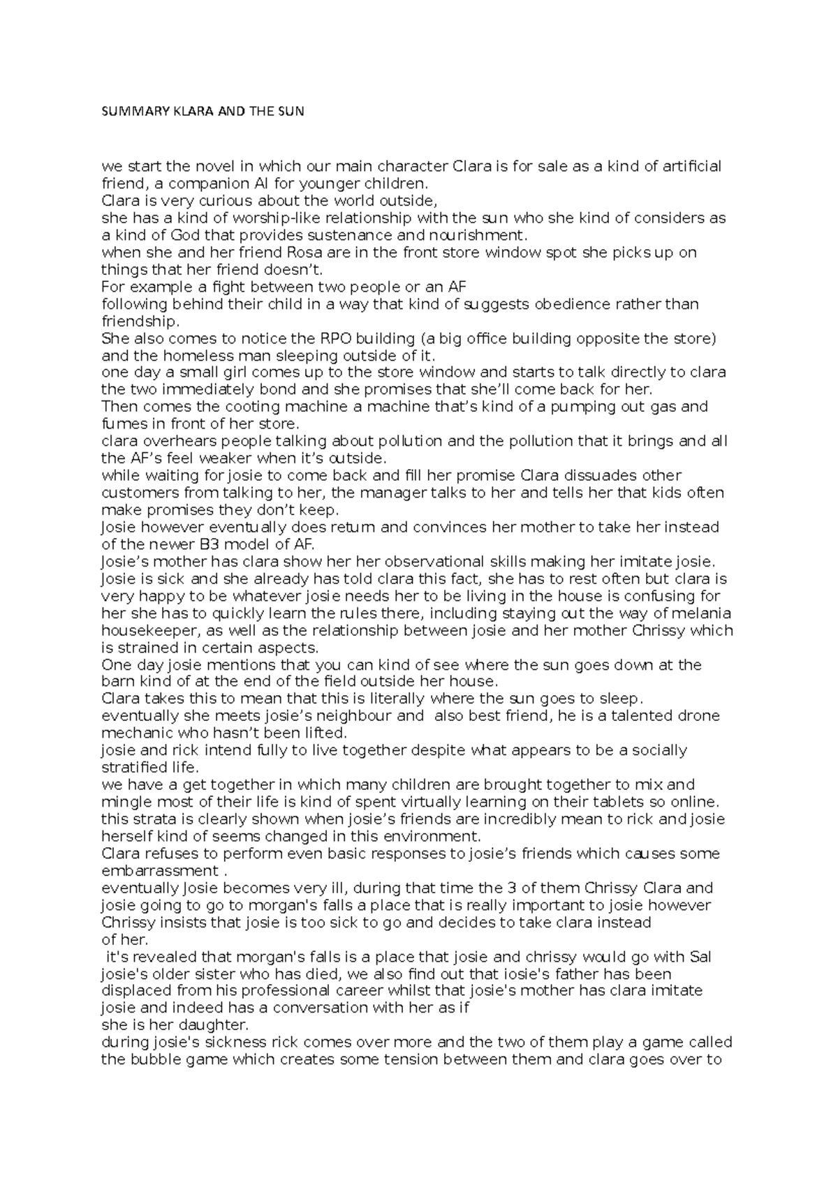 riassunto klara and the sun - SUMMARY KLARA AND THE SUN we start the ...
