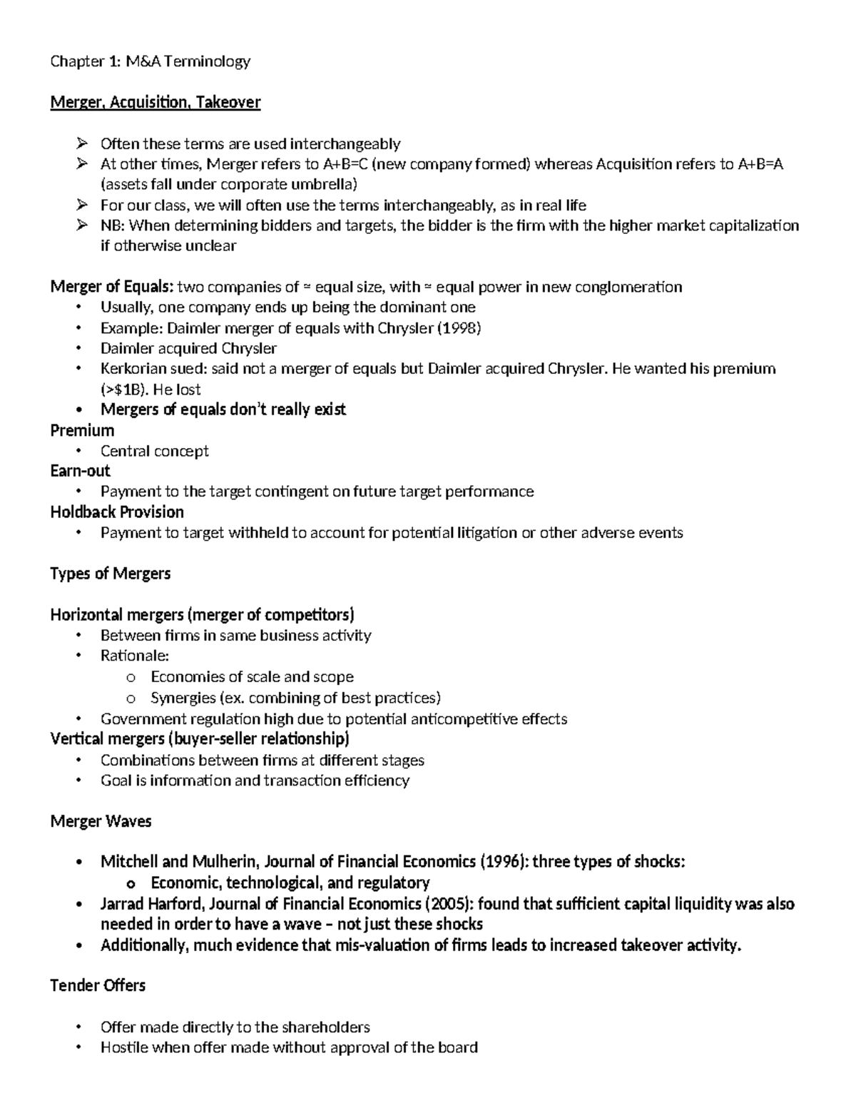 Notes for FINA 415 midterm (chapters 1 & 3) - Chapter 1: M&A ...