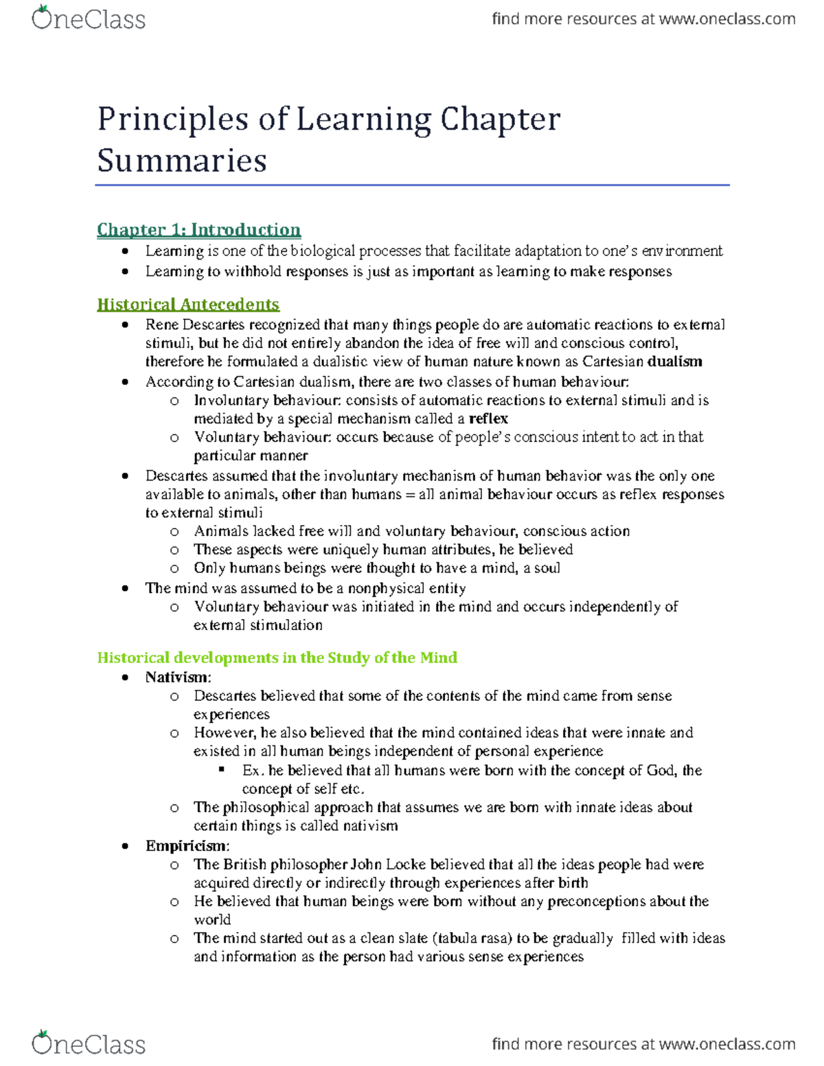 PSYC 2330 Chapter Summaries - Principles of Learning Chapter Summaries ...