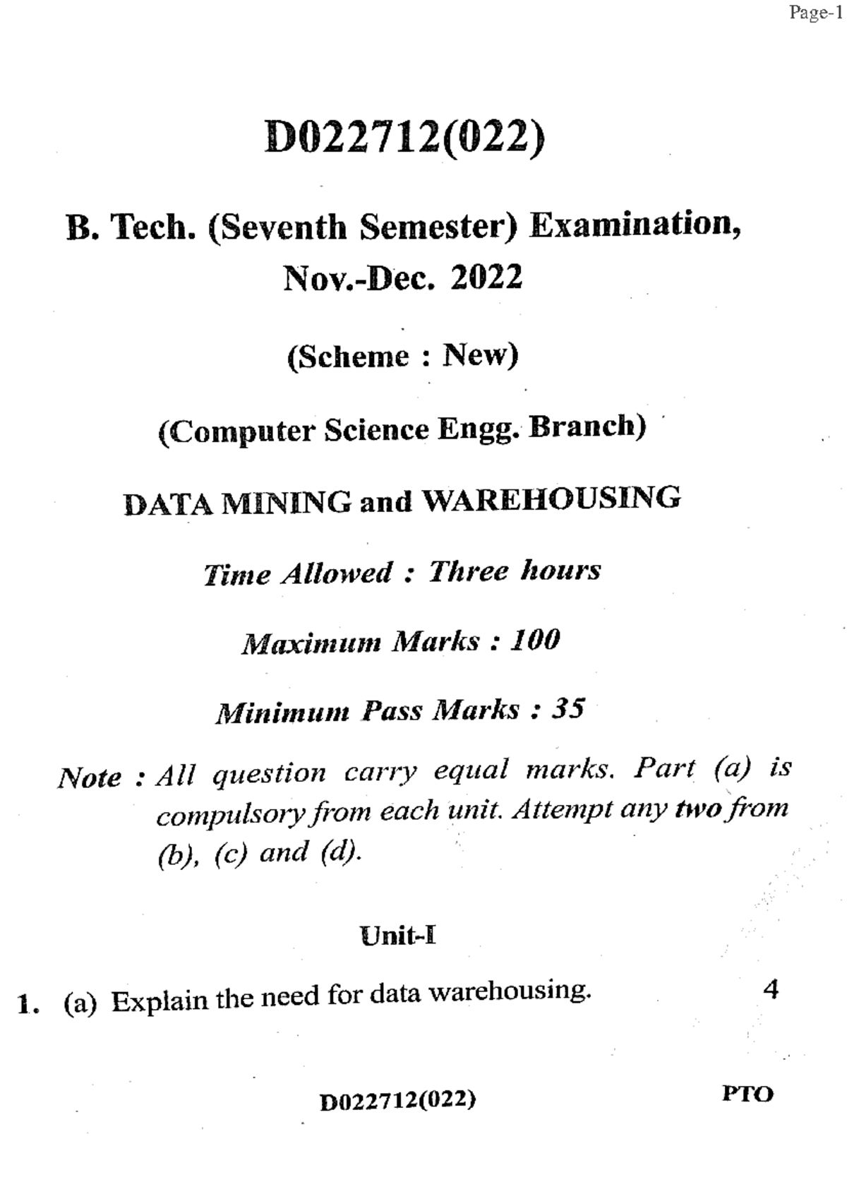 Btech cs 7 sem data mining and warehousing d022712 dec 2022 - tech - Page- Page- Page- - Studocu