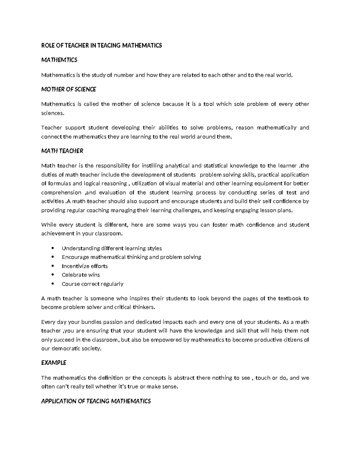 Mathematics 1111 - ROLE OF TEACHER IN TEACING MATHEMATICS MATHEMTICS ...