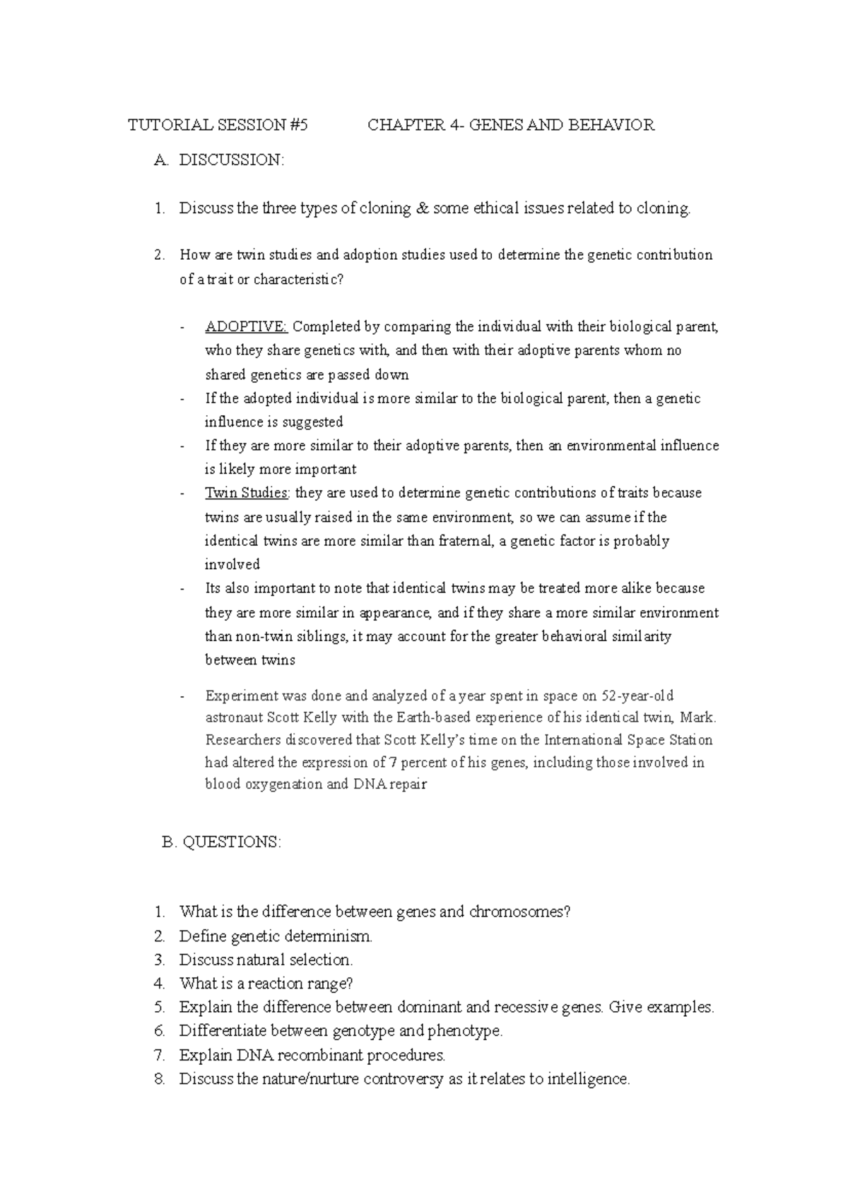 Psych tut 5 - tut 5 - TUTORIAL SESSION #5 CHAPTER 4- GENES AND BEHAVIOR A. DISCUSSION: 1 ...