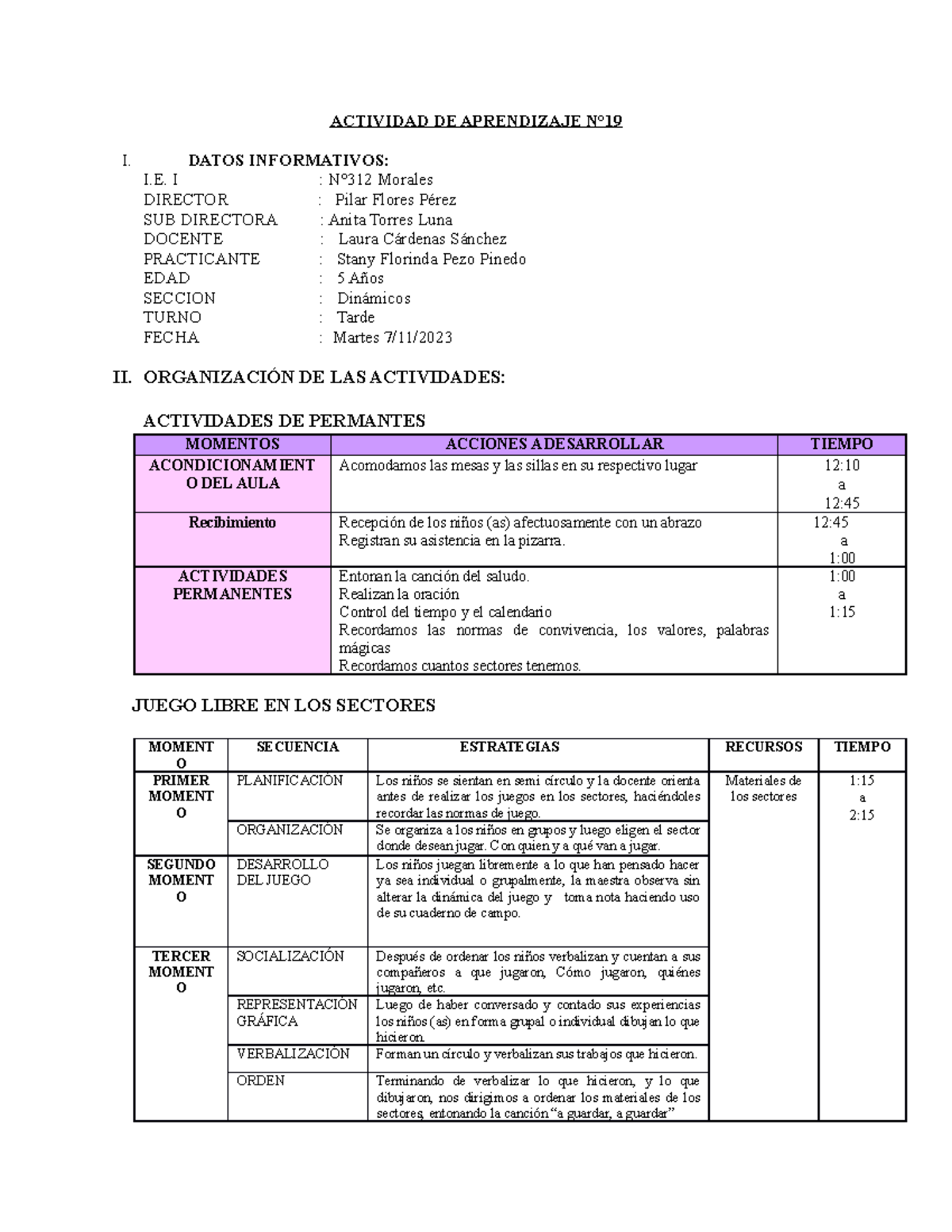 Sesion DE Aprendizaje 19 Stany Pezo - ACTIVIDAD DE APRENDIZAJE N° I. DATOS INFORMATIVOS: I. I ...