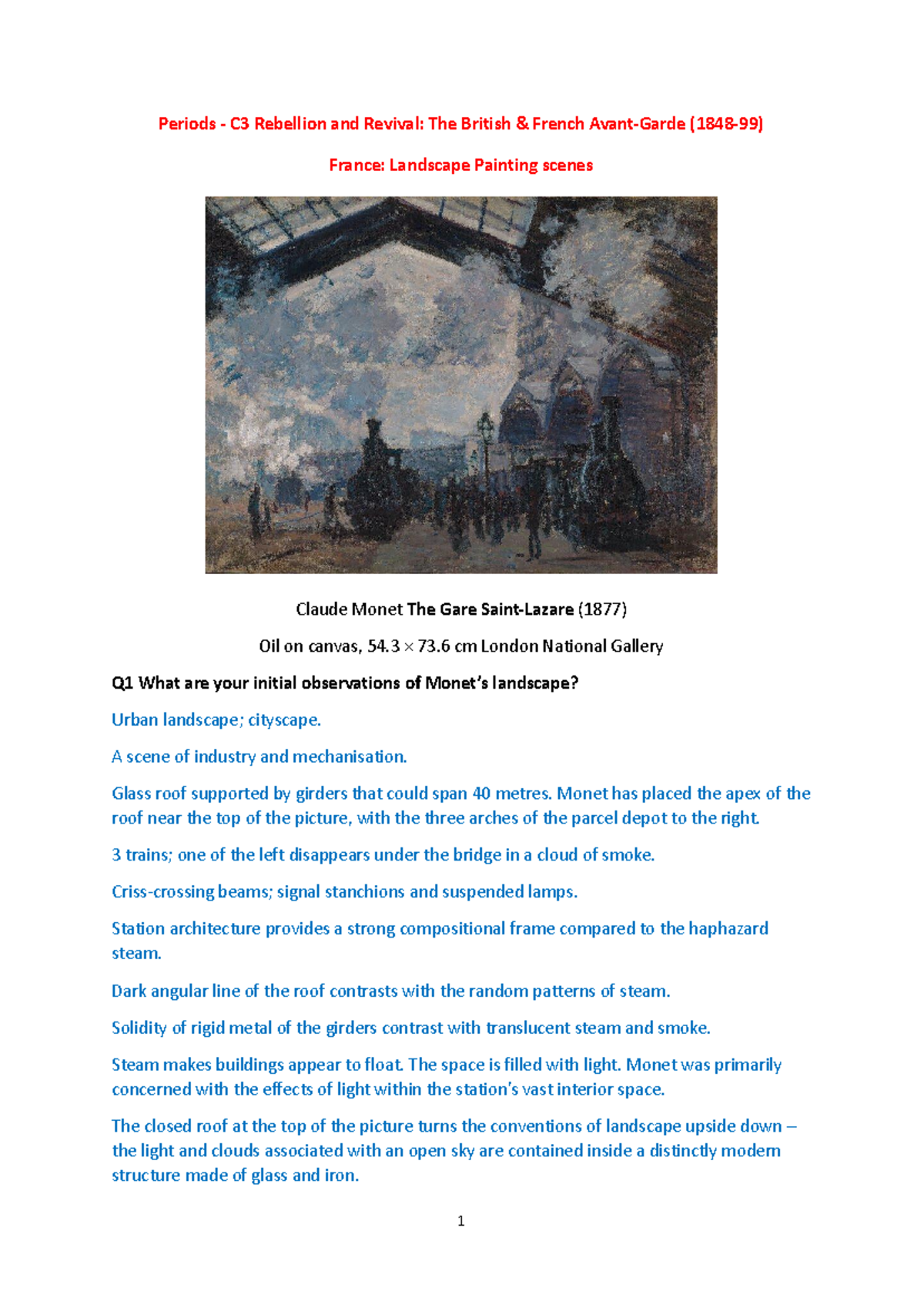 15. Monet 'Gare S Lazare' Teacher notes - Periods - C3 Rebellion and ...