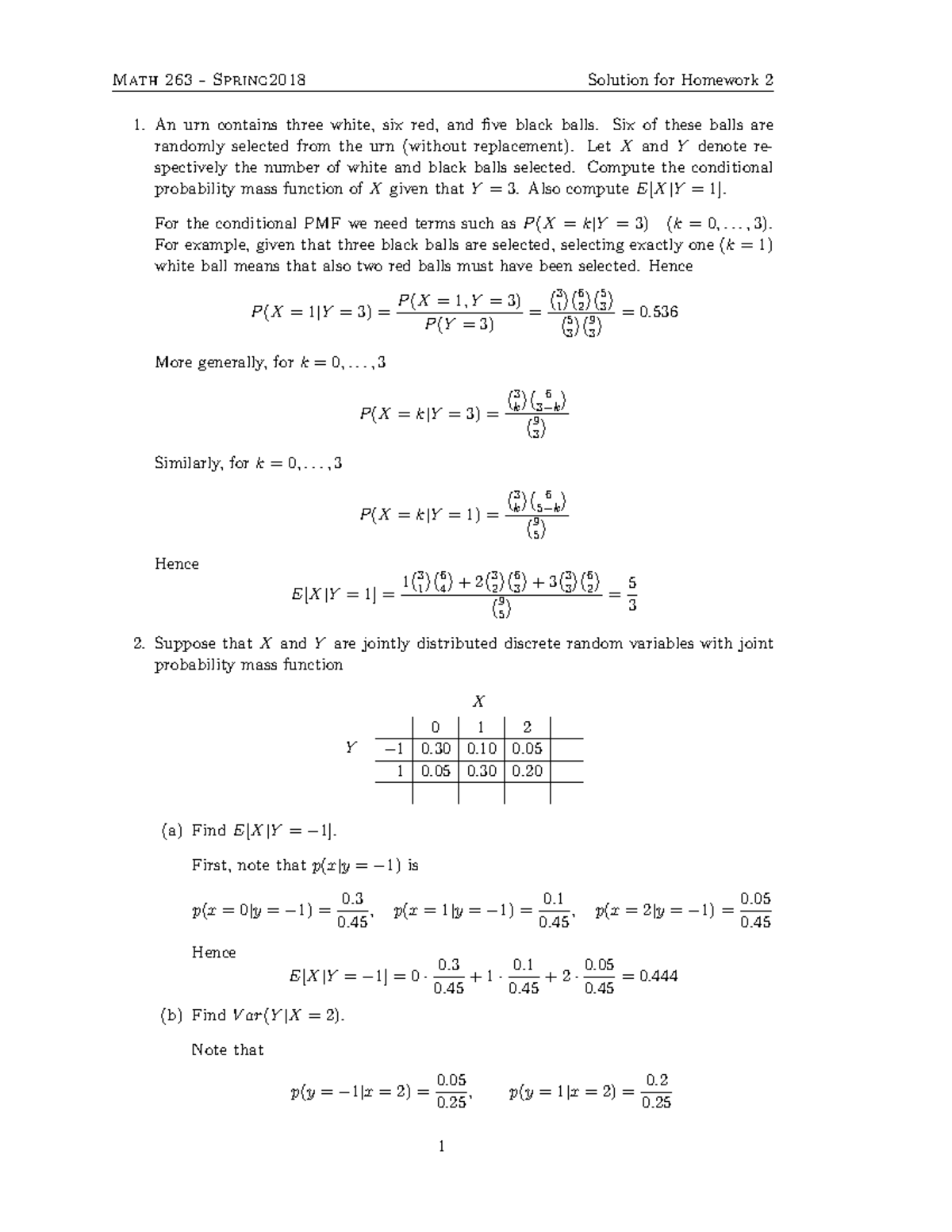 Homework Solution 02 - Solution for Homework 2 Math 263 - Spring2018 1. An urn contains three ...