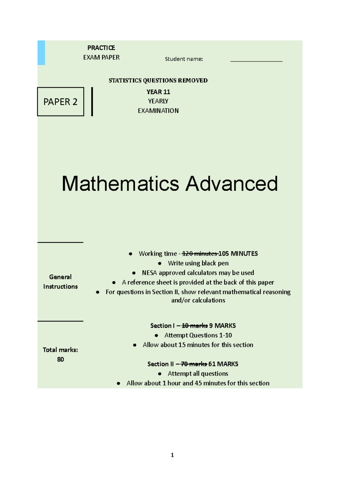 yearly exam year 11 - PRACTICE EXAM PAPER Student name ...