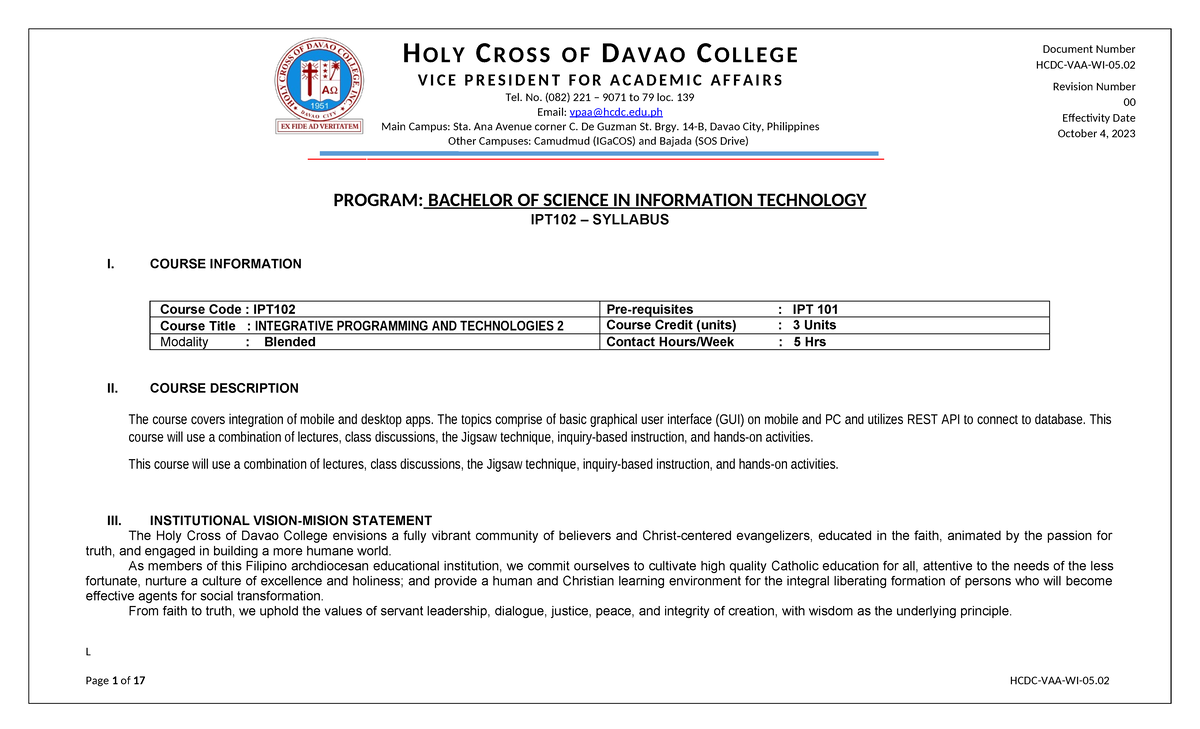 IPT102 syllabus - Integrative Programming 2 - HCDC-VAA-WI-05. Revision ...