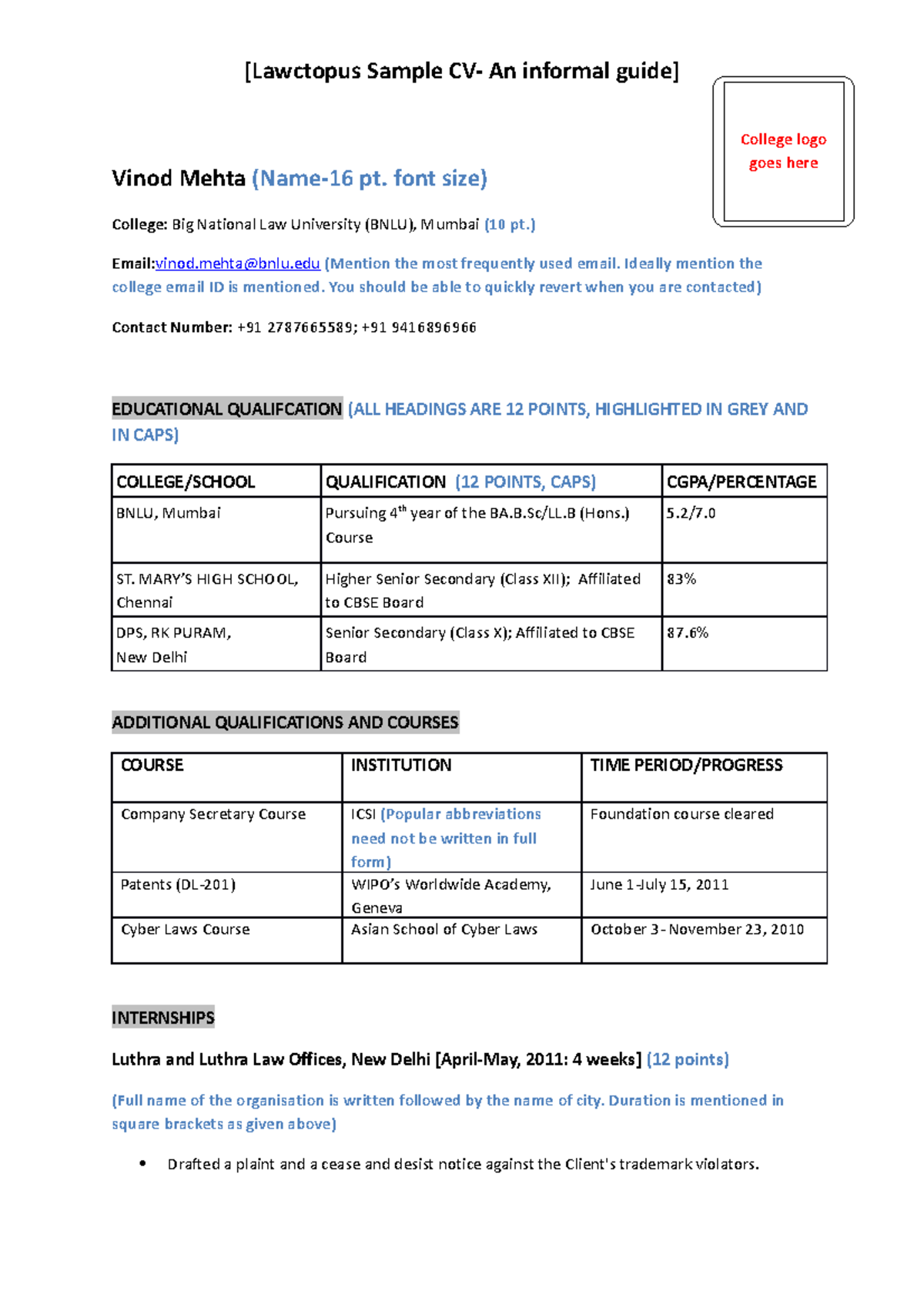 Lawctopus-model-CV - [Lawctopus Sample CV- An informal guide] Vinod ...