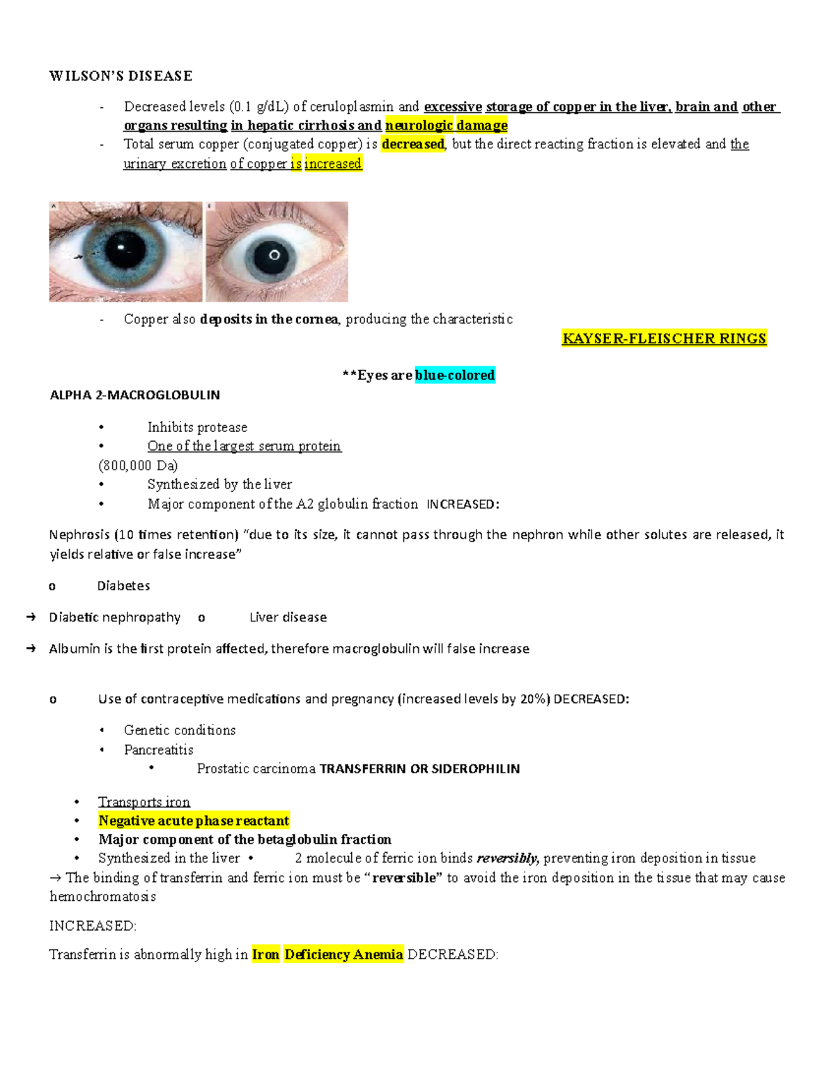Wilson’S Disease - WILSON’S DISEASE Decreased levels (0 g/dL) of ...