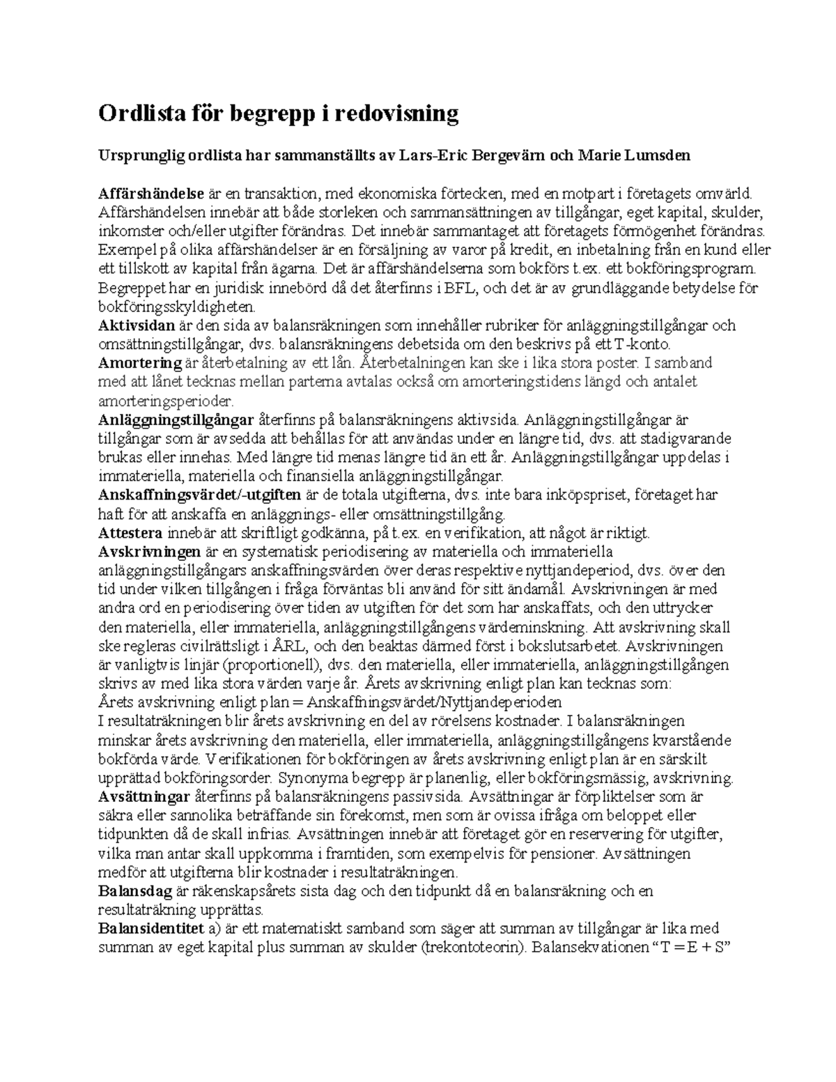 Ordlista redovisning - Ordlista för begrepp i redovisning Ursprunglig ...