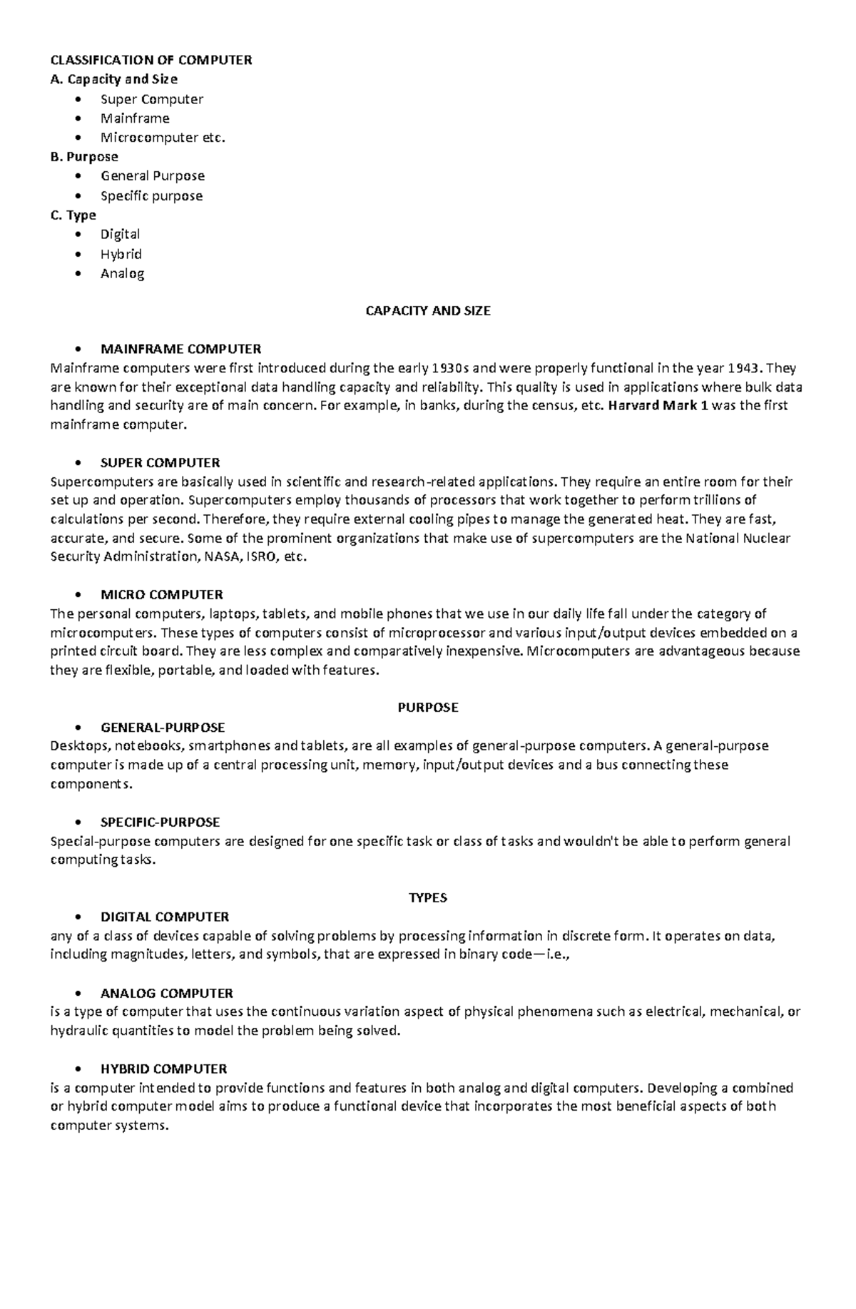 Lesson-2 ICT- Classification OF Computer - CLASSIFICATION OF COMPUTER A ...