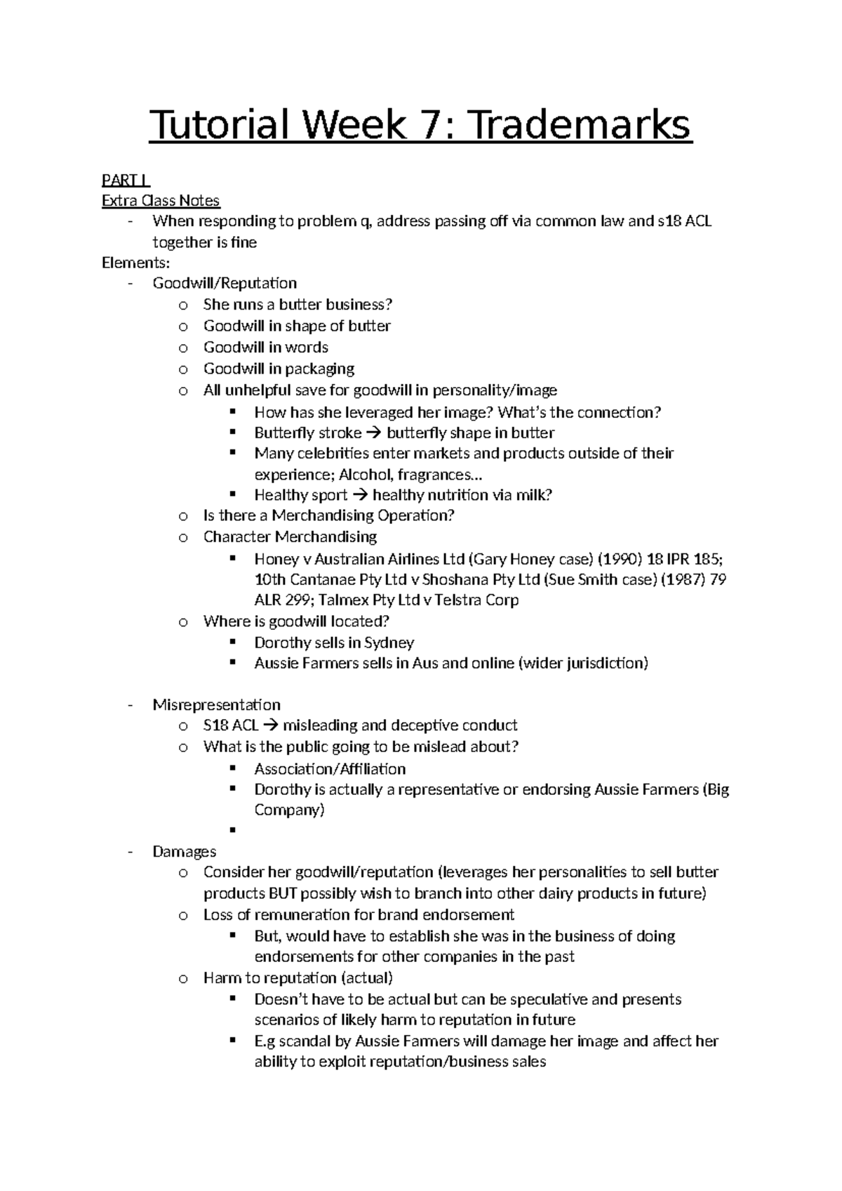 Tutorial Week 7 - Breakdown the problem questions! - Tutorial Week 7: Trademarks PART I Extra ...