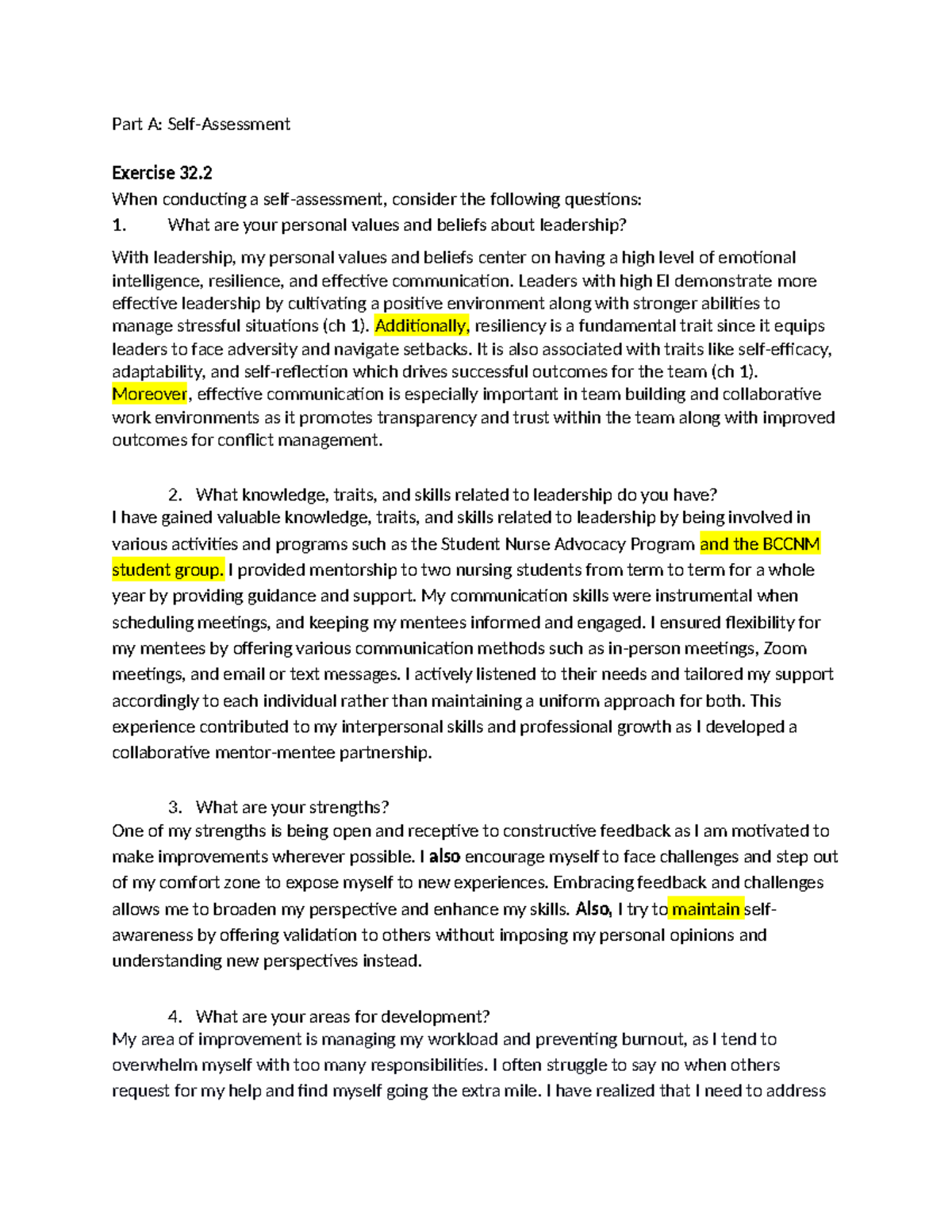 Rough draft leadership assignment-2 - Part A: Self-Assessment Exercise ...