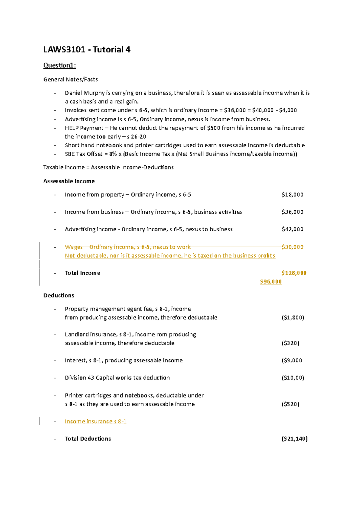 LAWS3101 t4 - LAWS3101 - Tutorial 4 Question1: General Notes/Facts ...