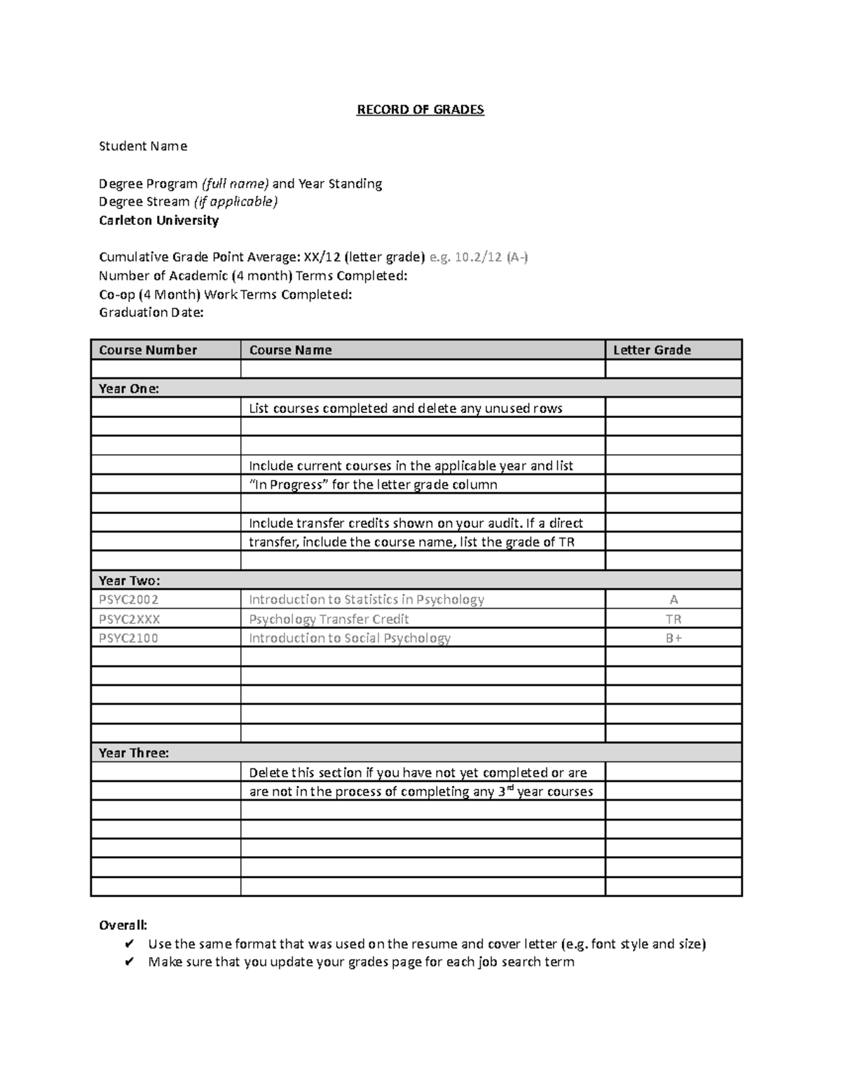 Record of Grades Template - RECORD OF GRADES Student Name Degree ...
