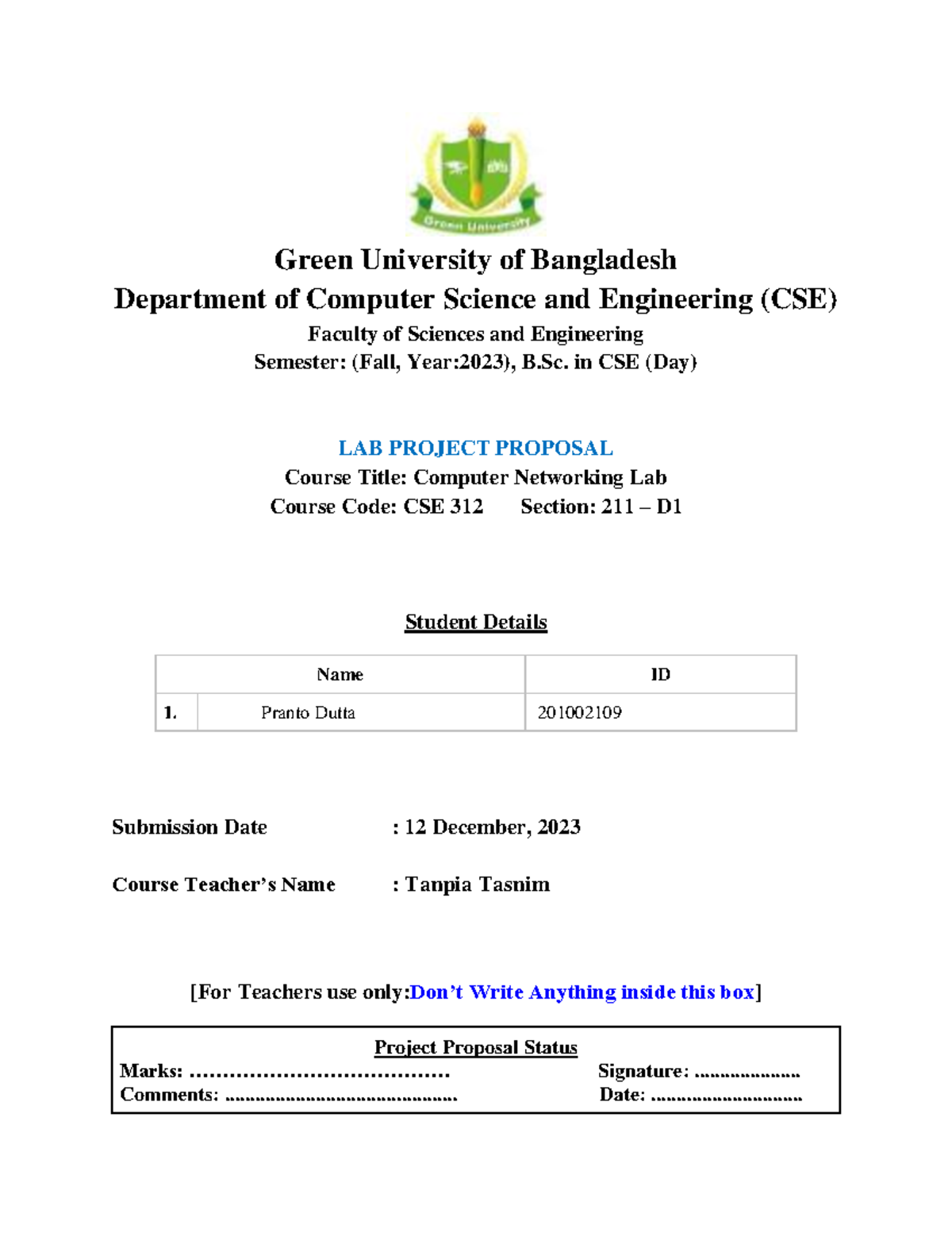 CN Lab PP - project proposal - Green University of Bangladesh Department of Computer Science and ...