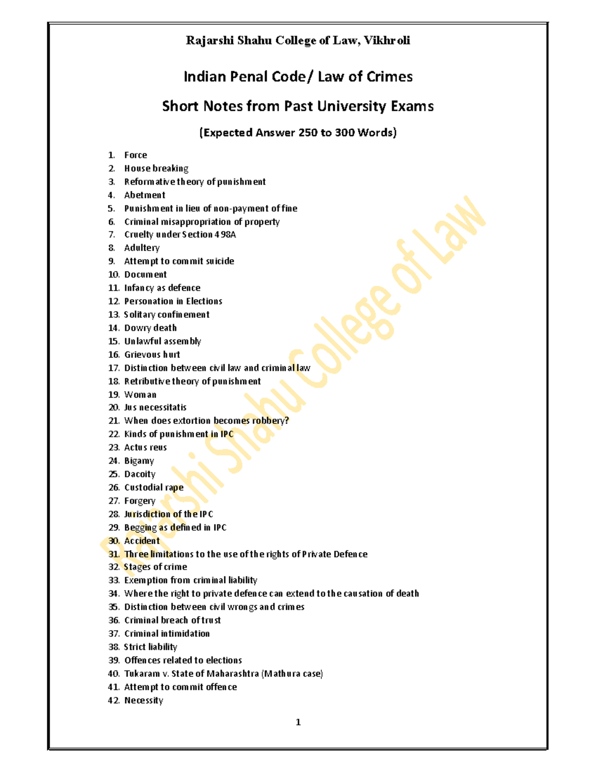 Short Notes IPC - Rajarshi Shahu College of Law, Vikhroli 1 Indian ...