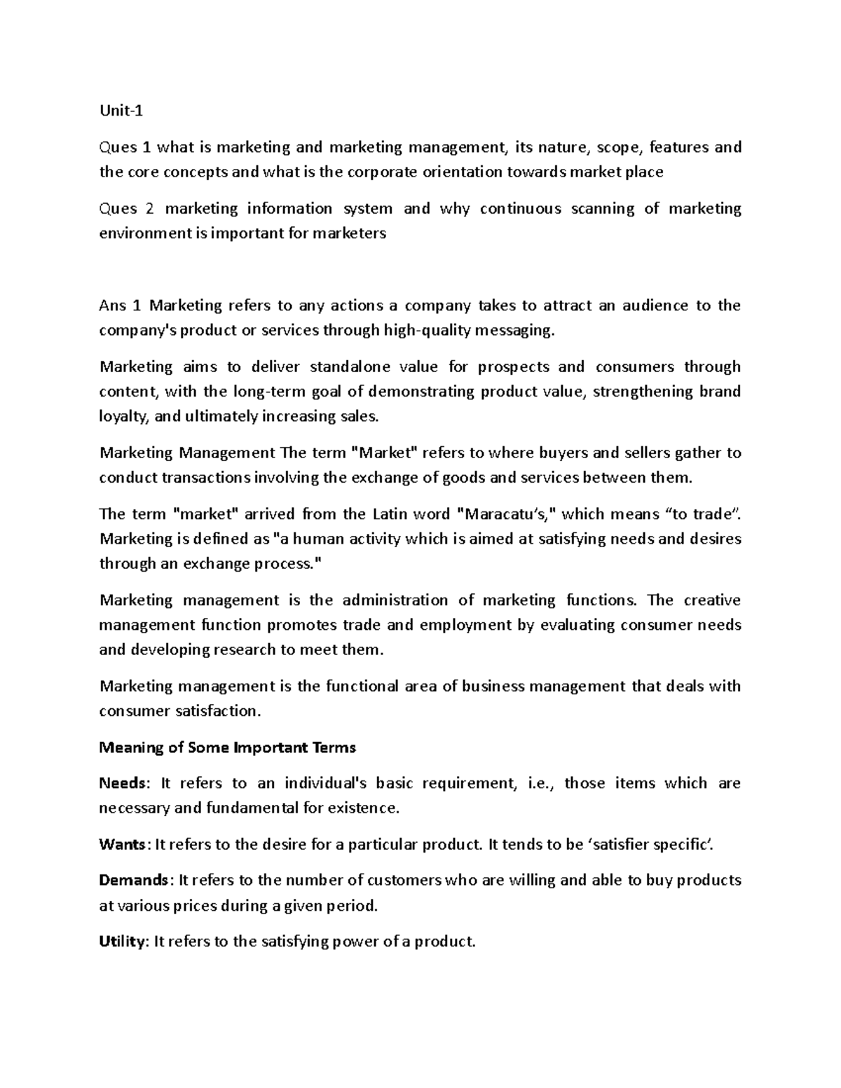 UNIT 1 Markeeting - Unit- 1 Ques 1 what is marketing and marketing ...