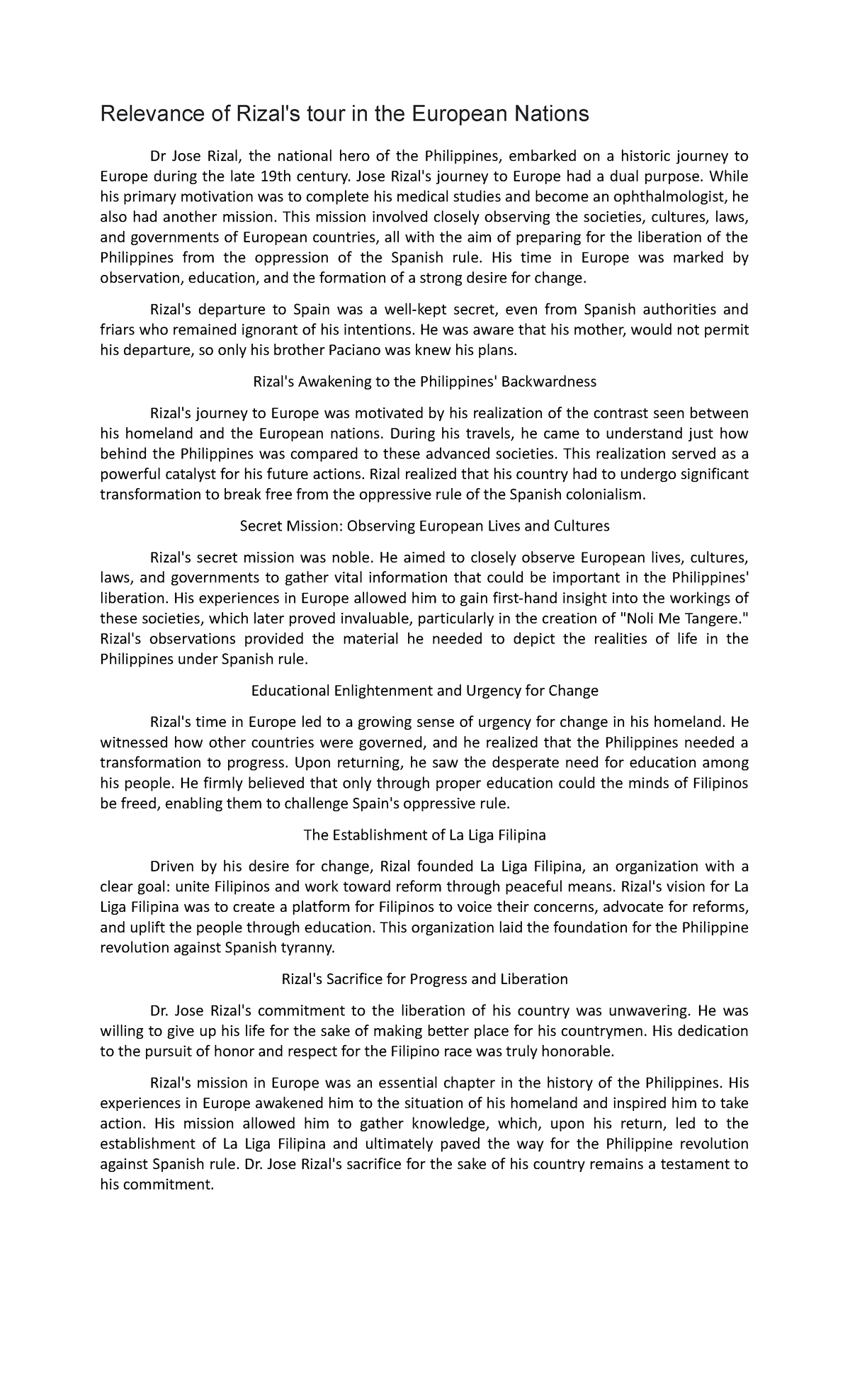 Relevance of Rizal's tour in the European Nations - Jose Rizal's ...