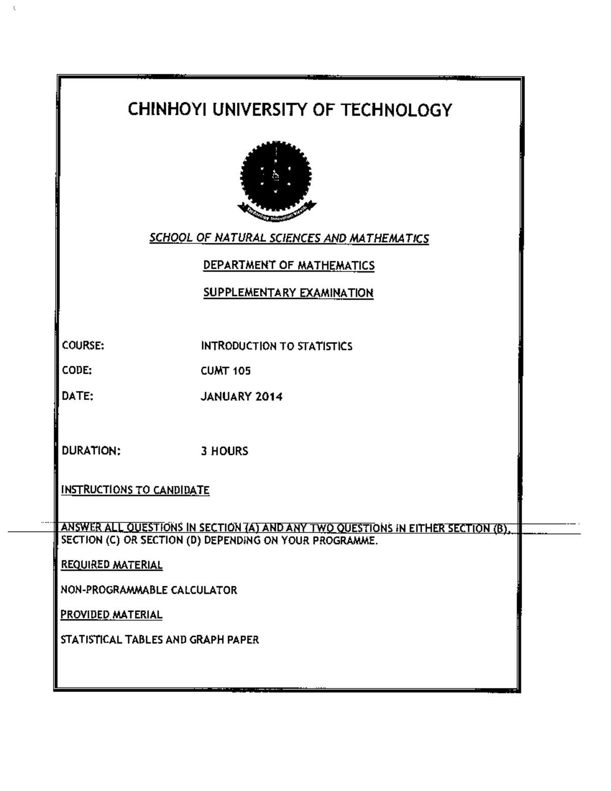 CUMT 105 - Introduction To Statistics, Jan 2014 - Studocu