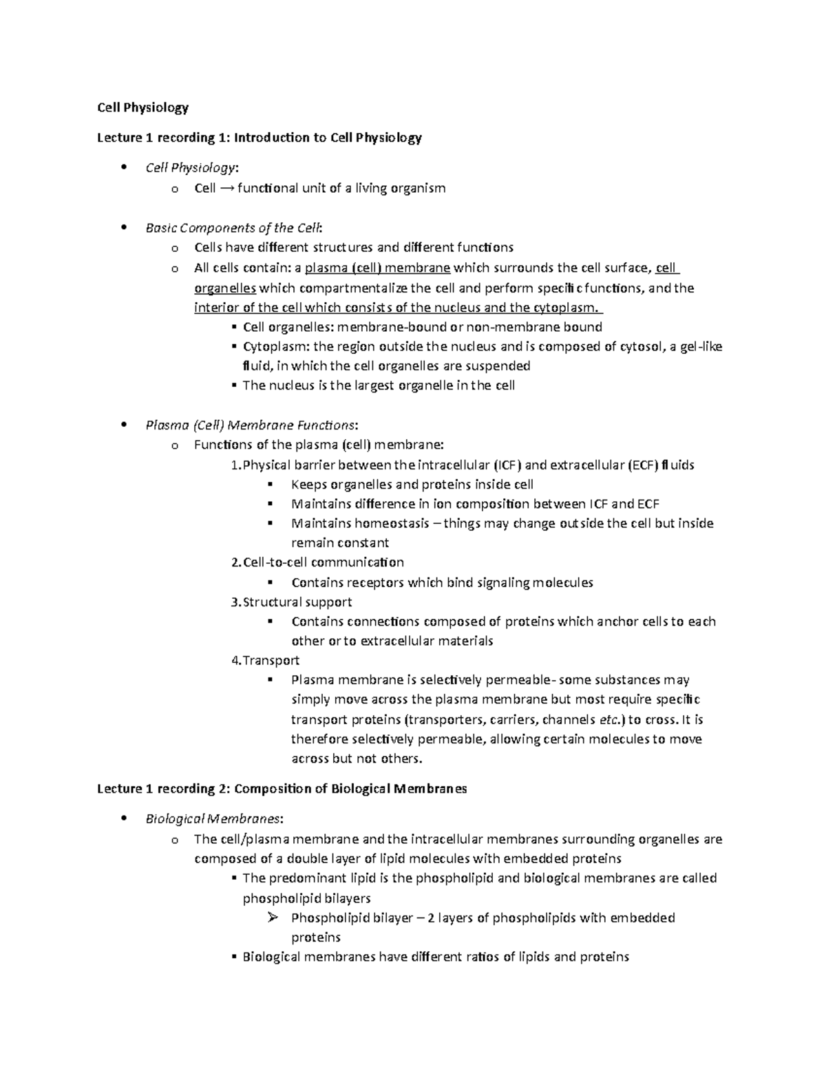 Study Notes- Cell Physiology - Cell Physiology Lecture 1 recording 1 ...