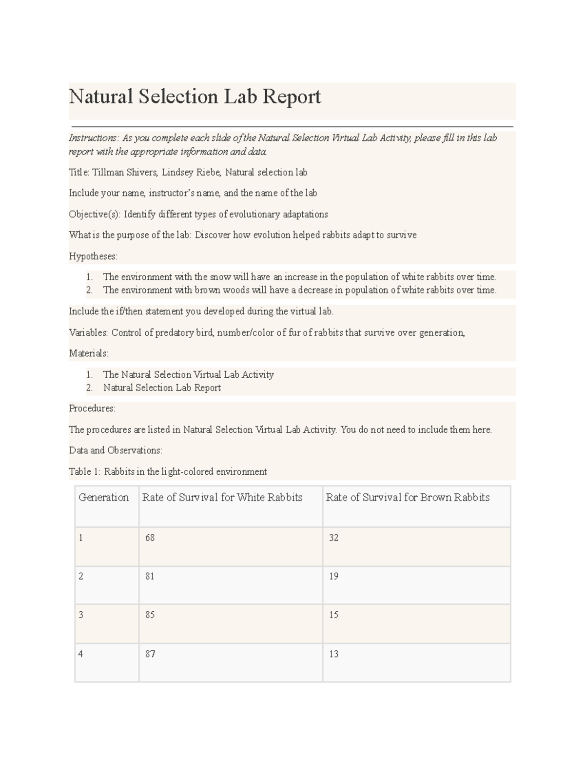 Untitled document (32) - Natural Selection Lab Report Instructions: As ...
