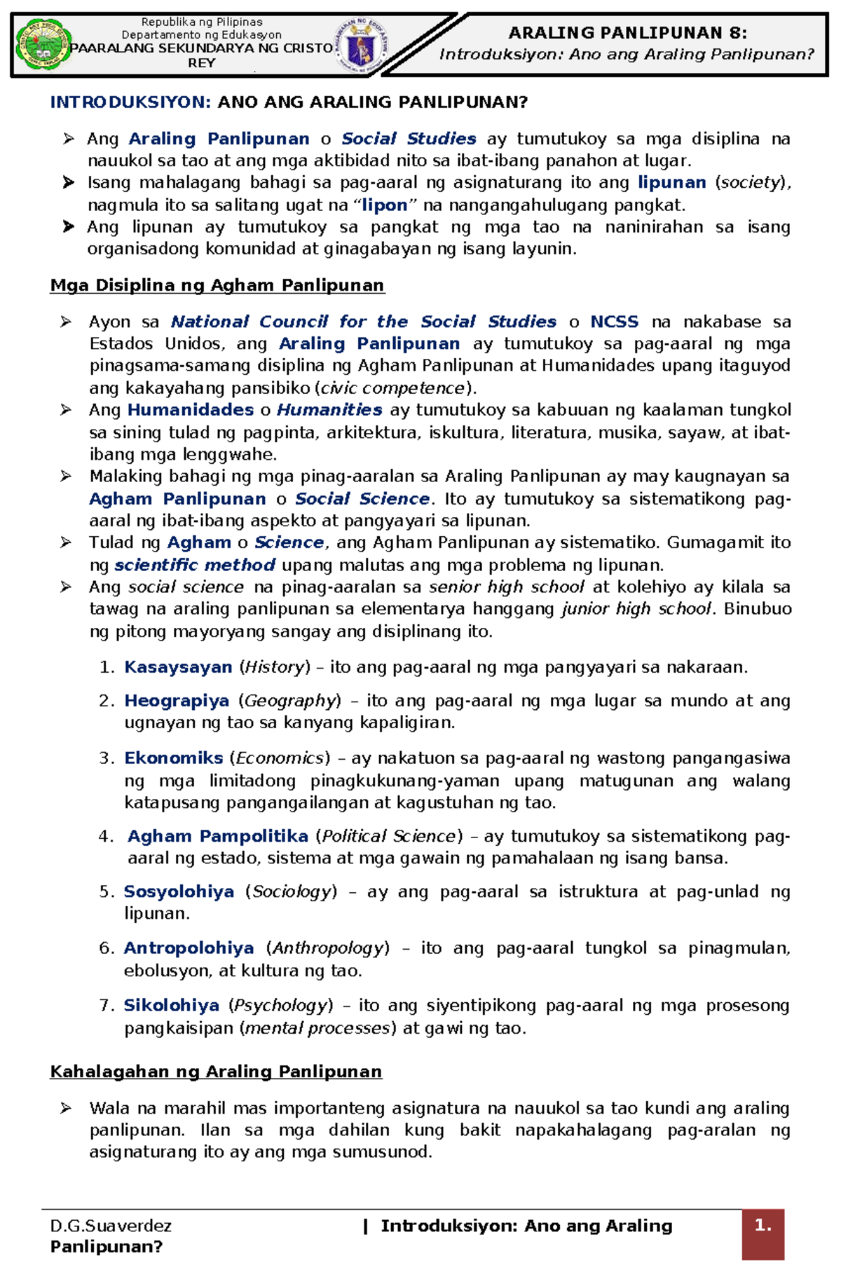 Introduksiyon-Ano Araling Panlipunan - ARALING PANLIPUNAN 8 ...