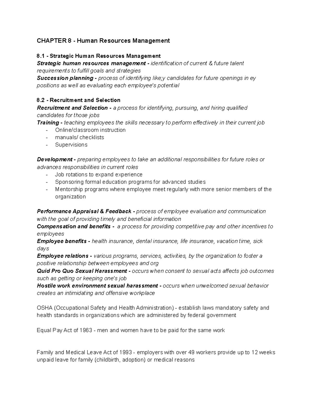 Study Guide 8 - Intro to Management - CHAPTER 8 - Human Resources Management 8 - Strategic Human ...