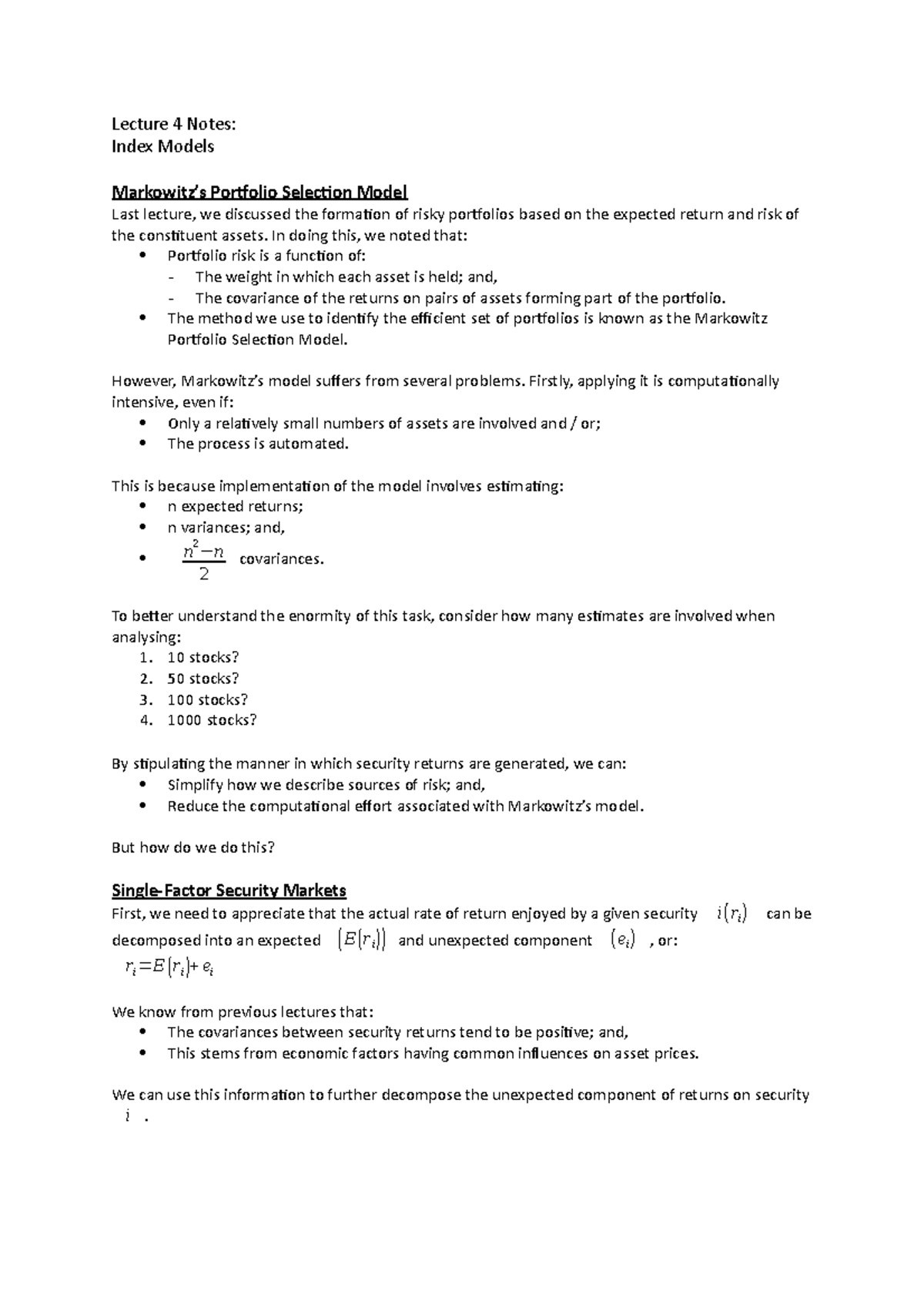 Lecture 4 Index Models Markowitzs Portfolio Selection Model Etc Lecture 4 Notes Index