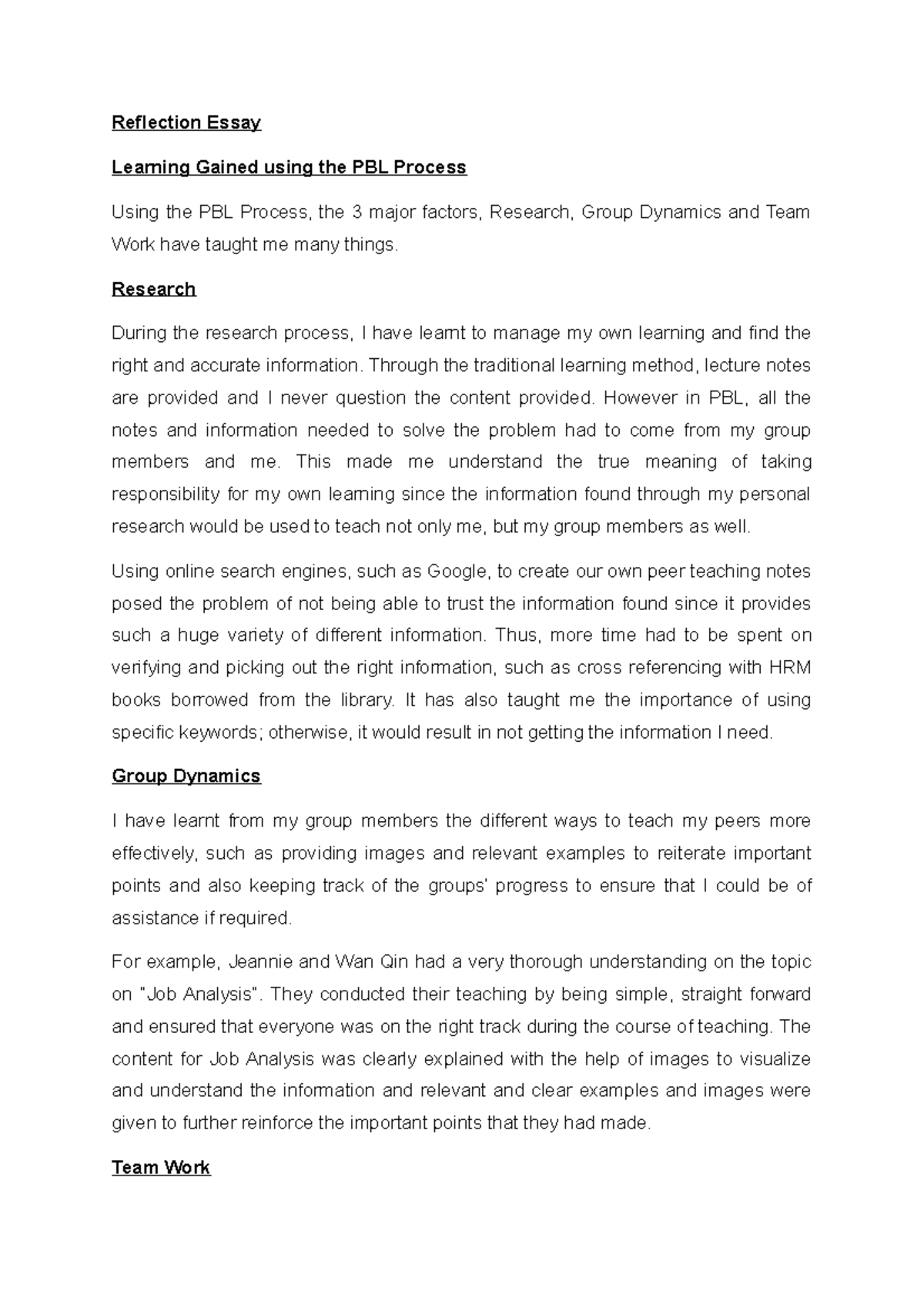 PWR Reflection PBL - Reflection Essay Learning Gained using the PBL ...