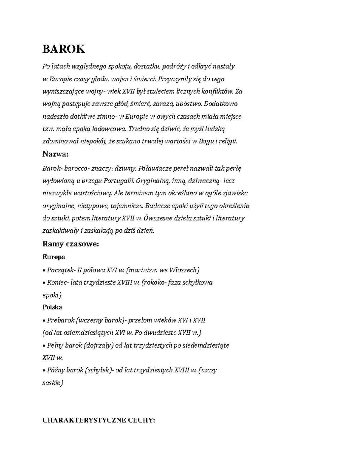 barok matura polski - BAROK Po latach względnego spokoju, dostatku ...