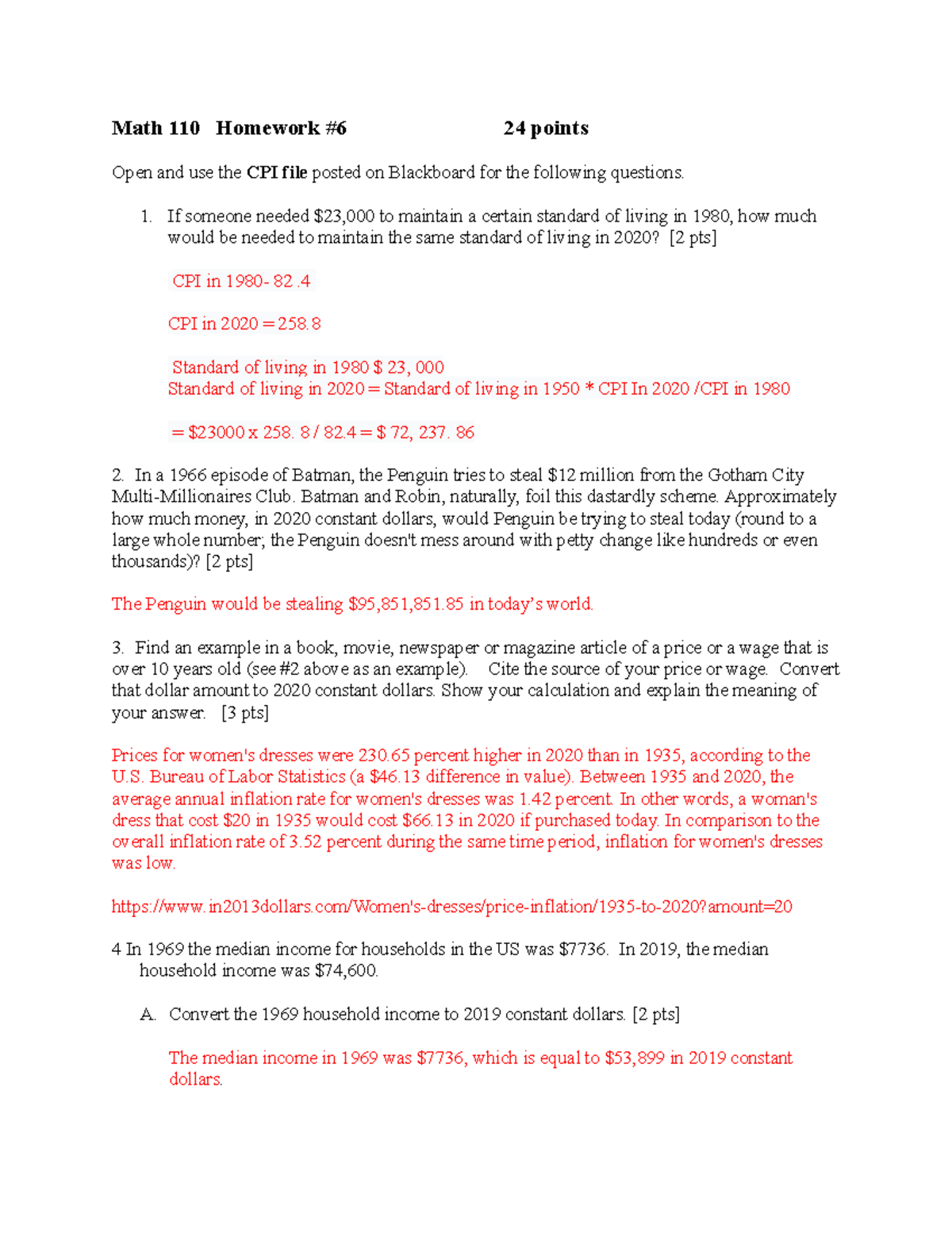 MATH 110- Homework 6 - Ch 6 Assignment - Math 110 Homework #6 24 points Open and use the CPI ...