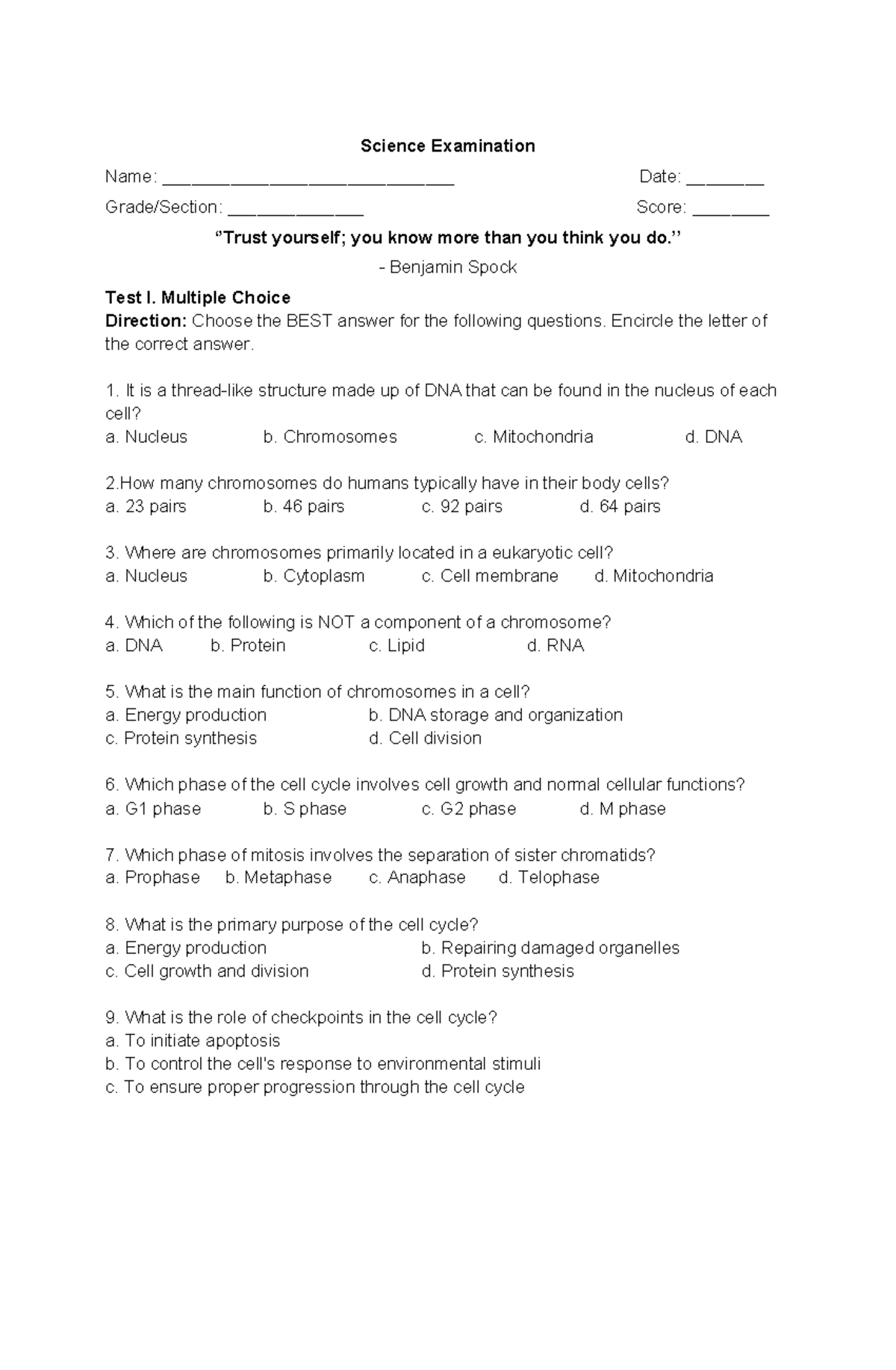 Written Test in Science - Science Examination Name ...