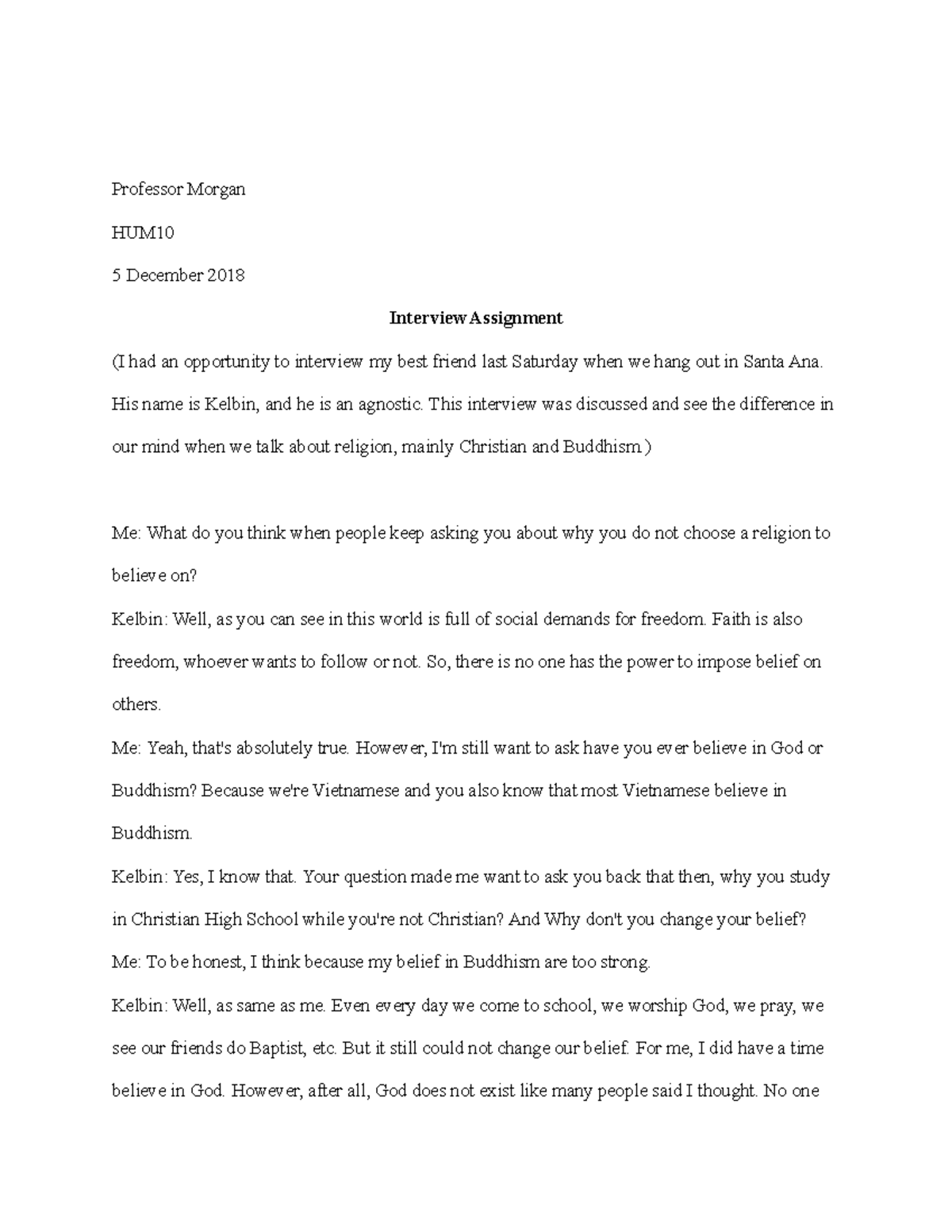 Interview Assignment - Grade: A+ - Professor Morgan HUM10 5 December ...