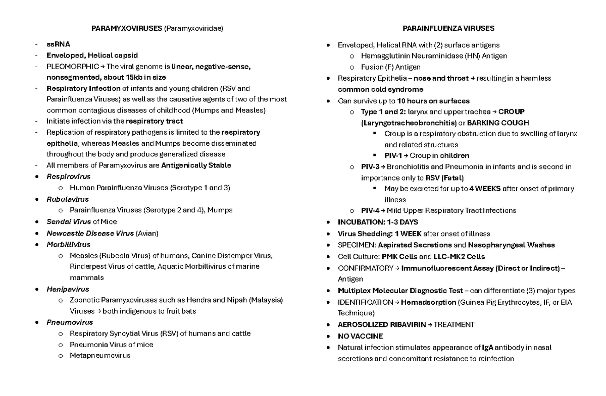 Paramyxoviruses - Lecture Notes - PARAMYXOVIRUSES (Paramyxoviridae ...