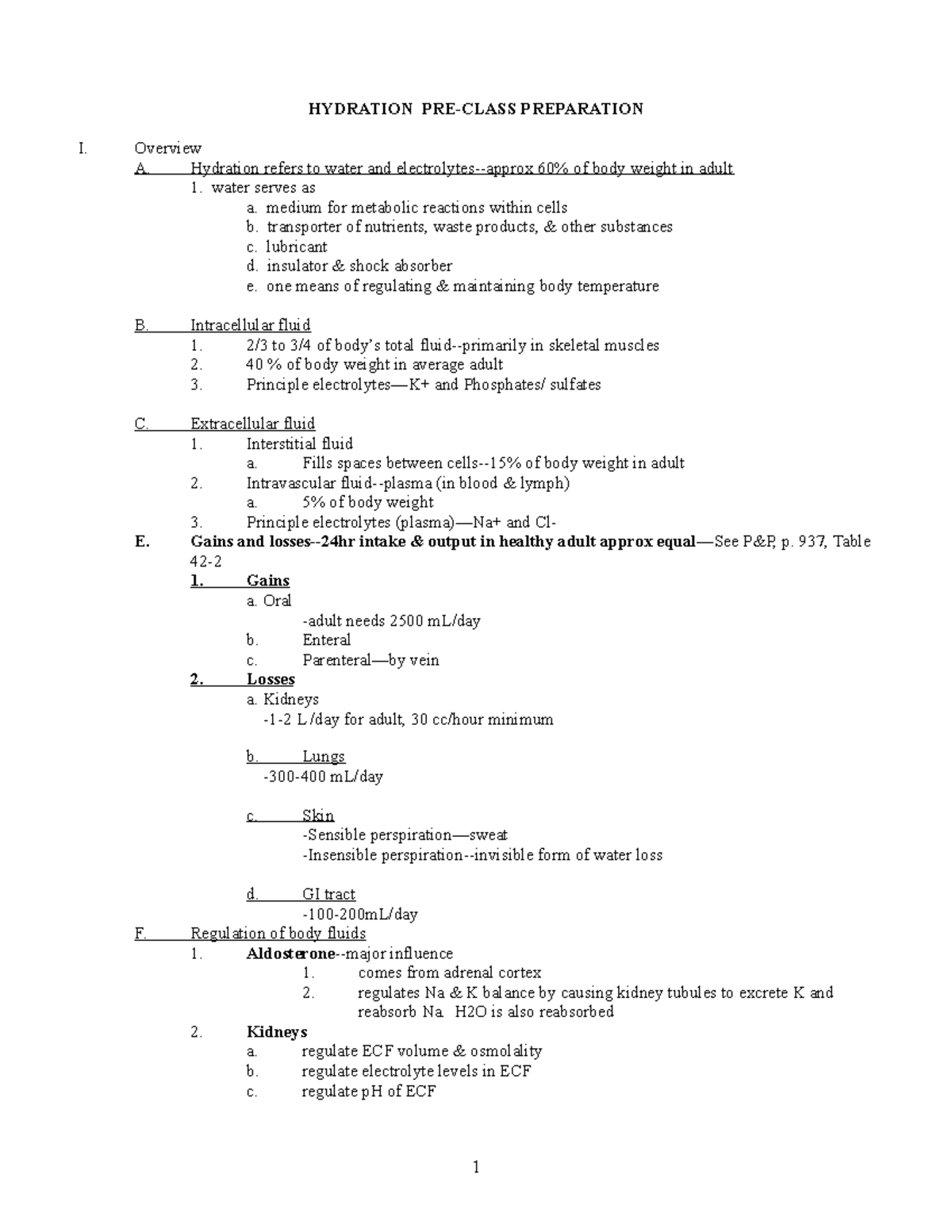 Hydration Handout - HYDRATION PRE-CLASS PREPARATION I. Overview A ...