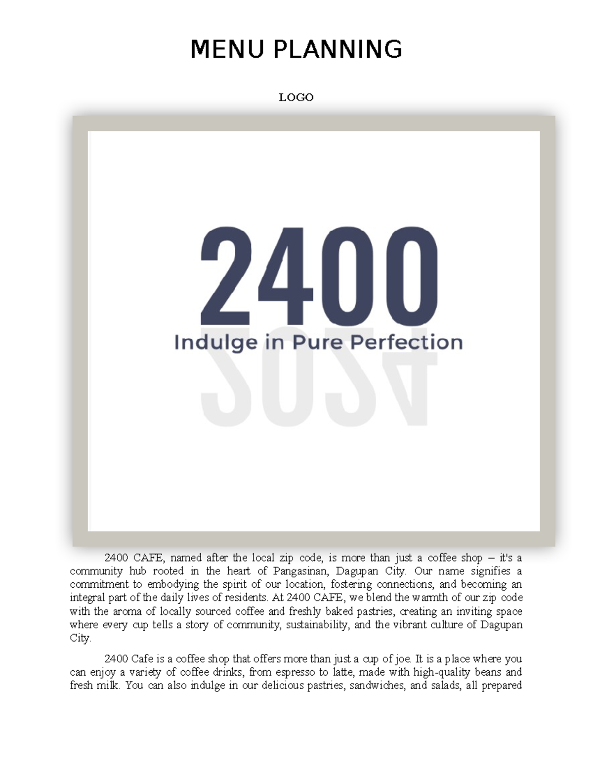 MENU Planning - kguykgyuk - LOGO 2400 CAFE, named after the local zip ...