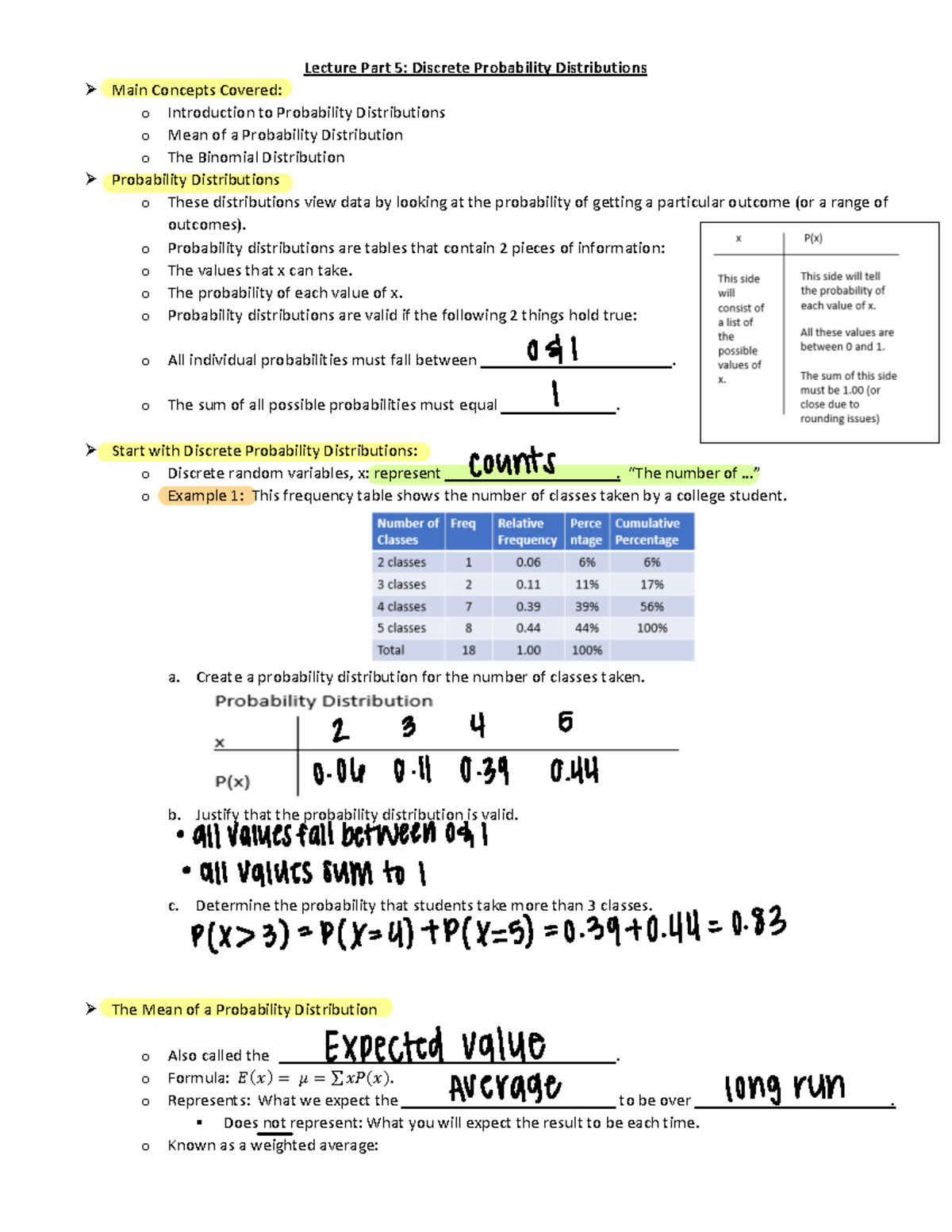Lecture Part 5 - Discrete Probability Distributions - o Probability distributions are tables ...