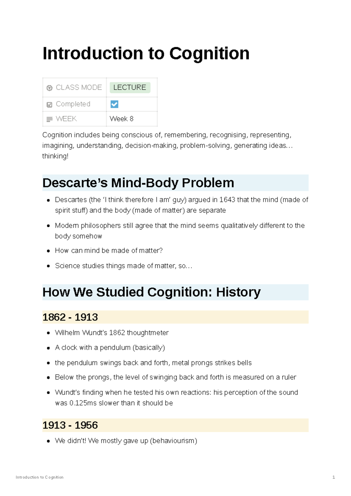 Introduction to Cognition - Introduction to Cognition CLASS MODE ...