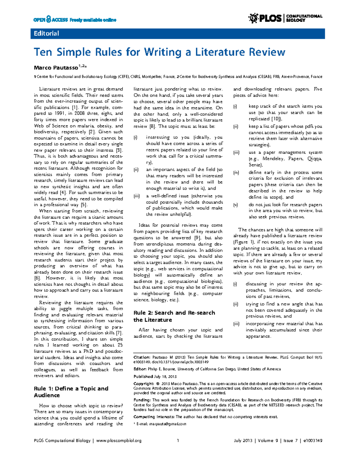 Pautasso’s Ten Simple Rules - Editorial Ten Simple Rules for Writing a ...