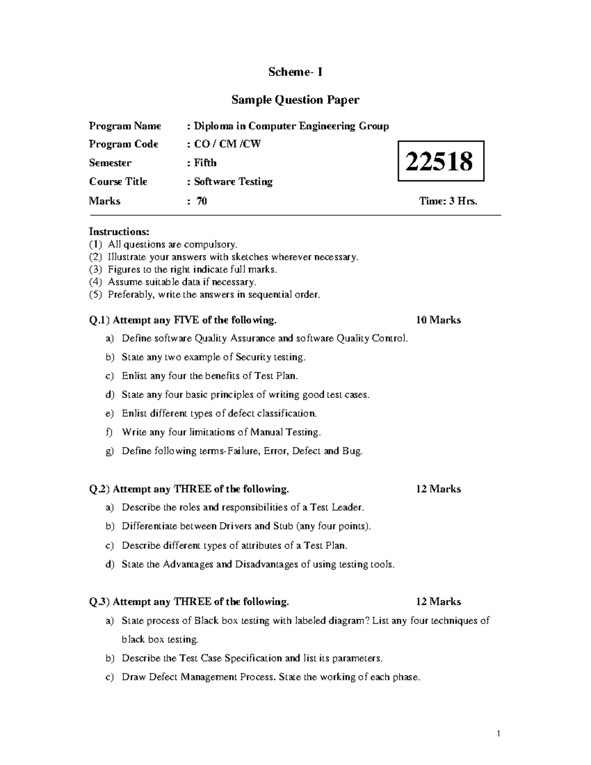 22518 - Software Testing-sample-question-paper[Msbte-study-resources ...