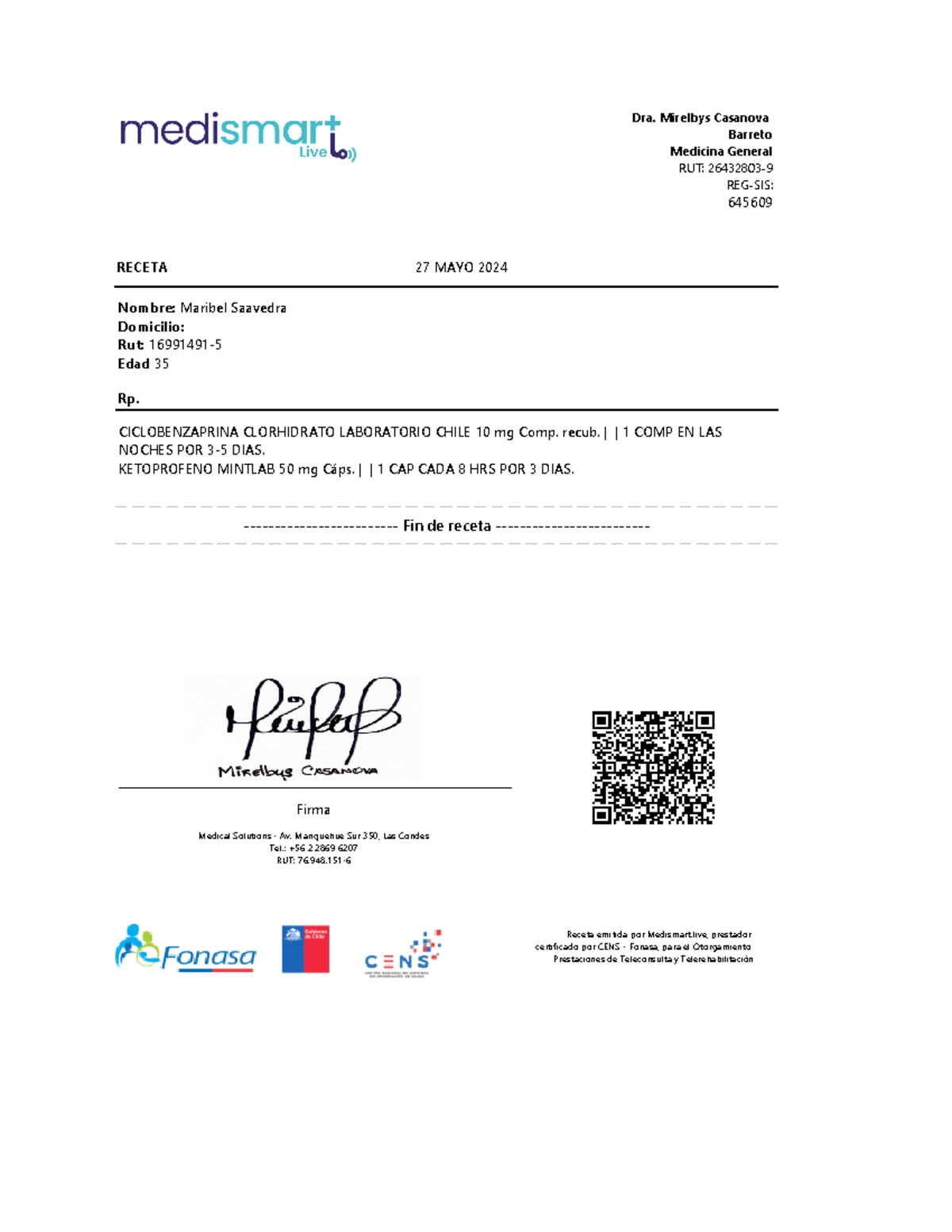 Receta - Rp. Firma Nombre: Maribel Saavedra Domicilio: Rut: 16991491 ...