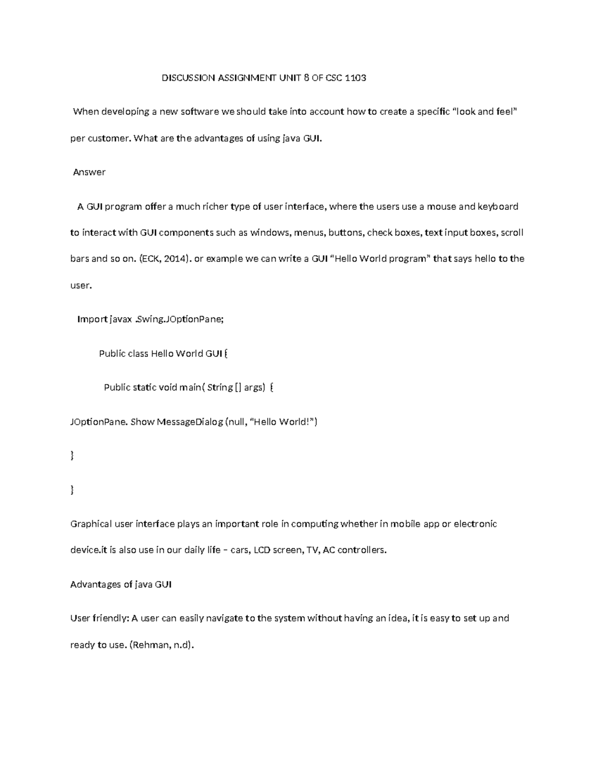 Discussion Assignment Unit 8 Of Csc 1103 Discussion Assignment Unit 8 Of Csc 1103 When