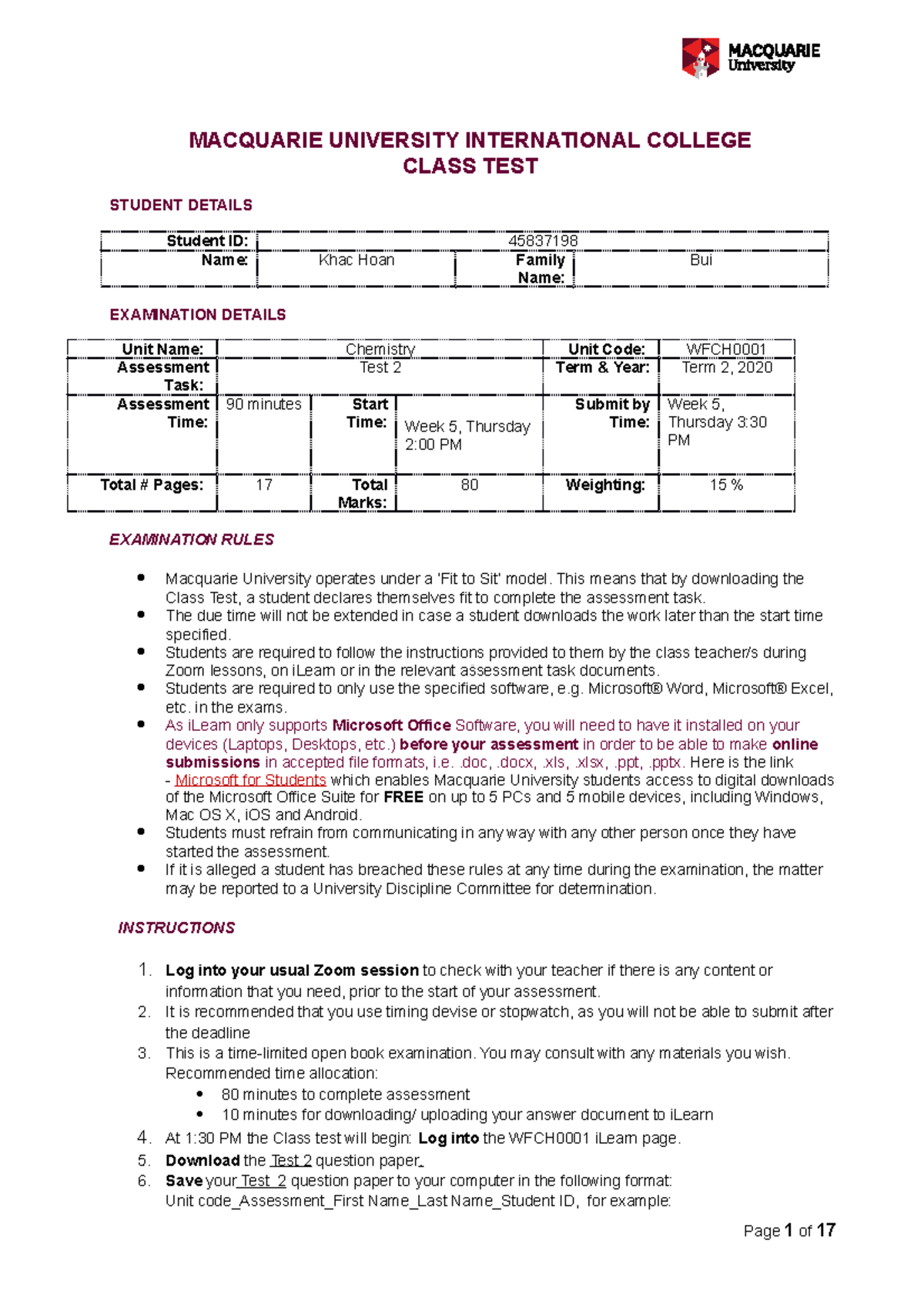 WFCH0001 Test 2 - MACQUARIE UNIVERSITY INTERNATIONAL COLLEGE CLASS TEST ...