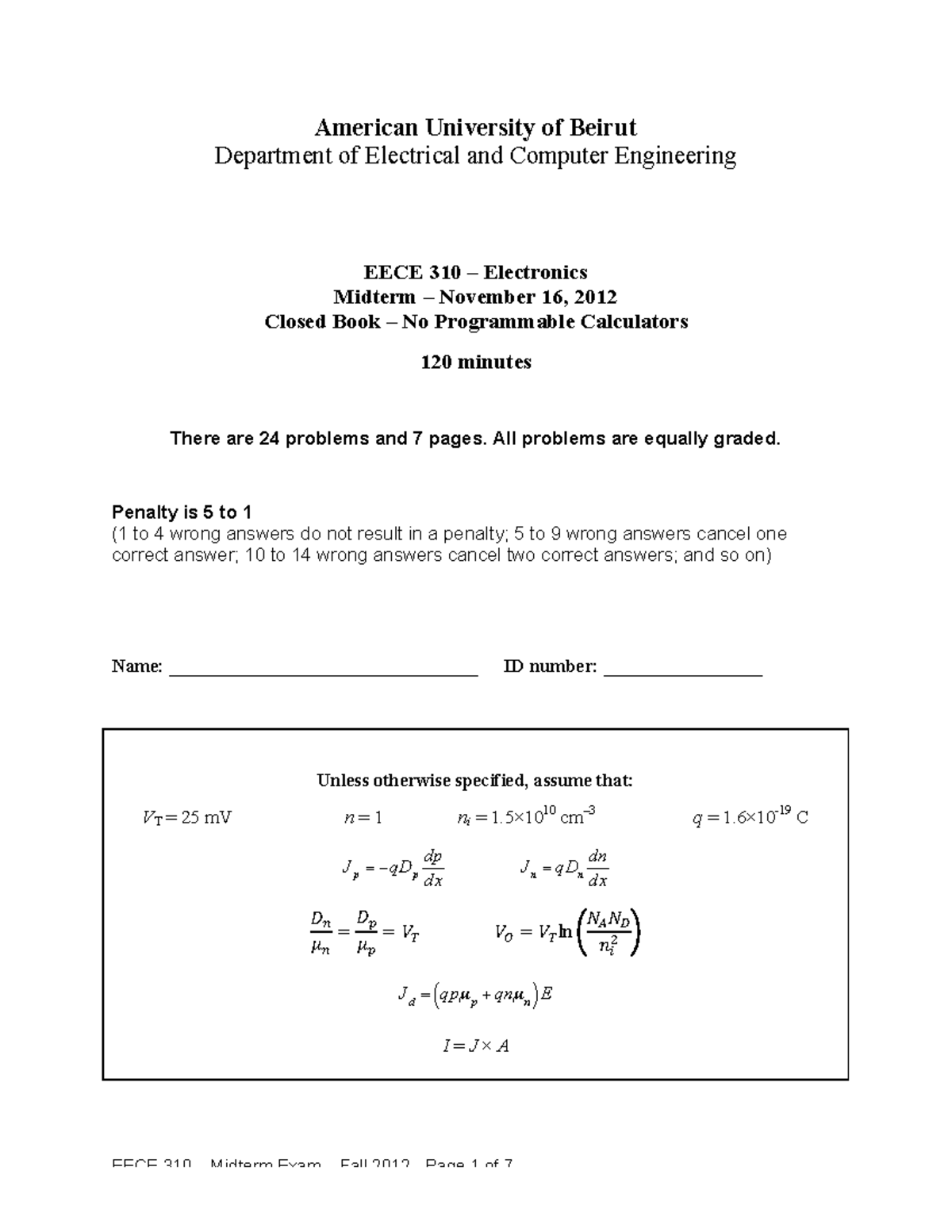 Mid2012 - exam9 - American University of Beirut Department of ...