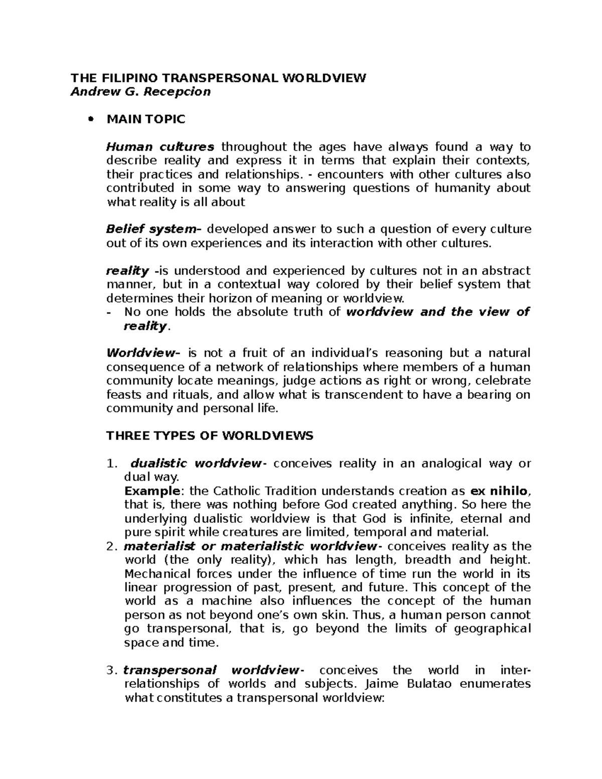 transpersonal worldview - THE FILIPINO TRANSPERSONAL WORLDVIEW Andrew G ...
