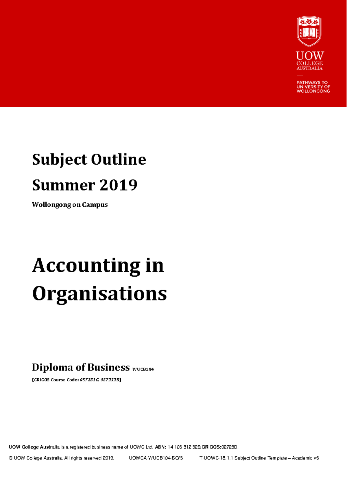 2019 Summer WUCB104 Subject Outline v5 - UOW College Australia is a ...