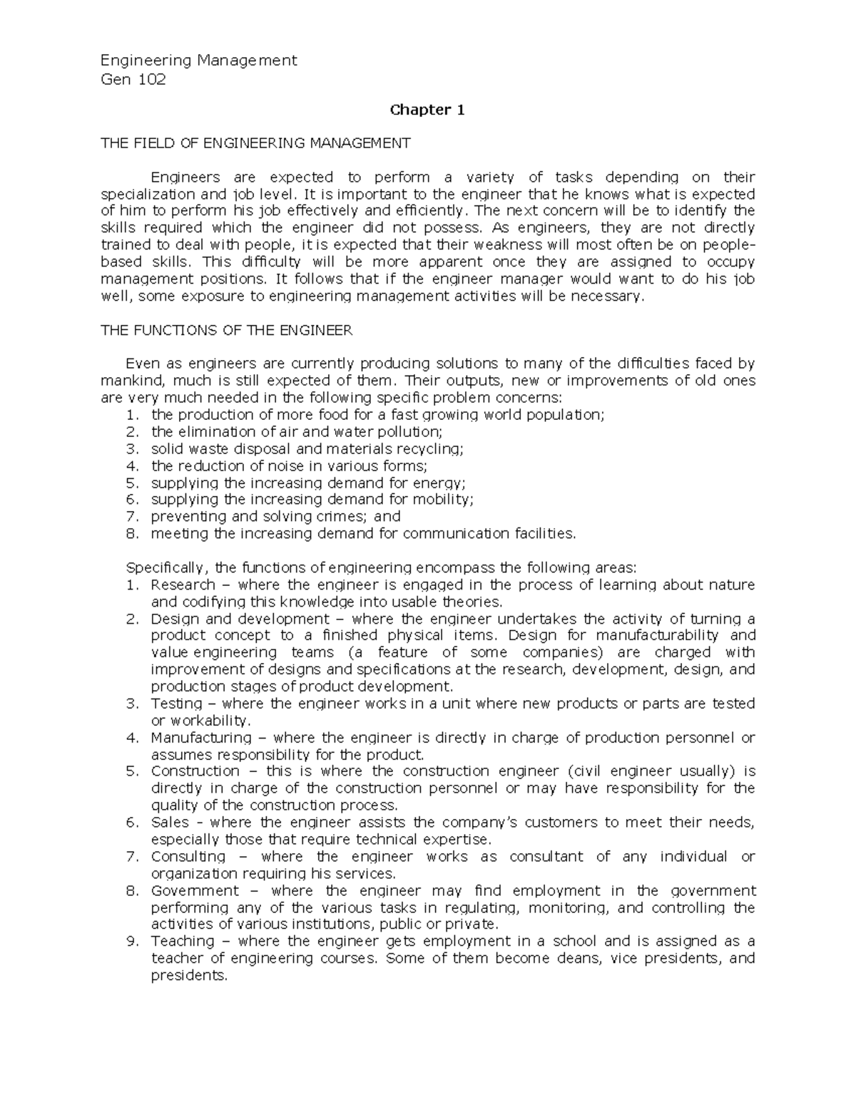 Pdfcoffee - Engineering - Gen 102 Chapter 1 THE FIELD OF ENGINEERING MANAGEMENT Engineers are ...
